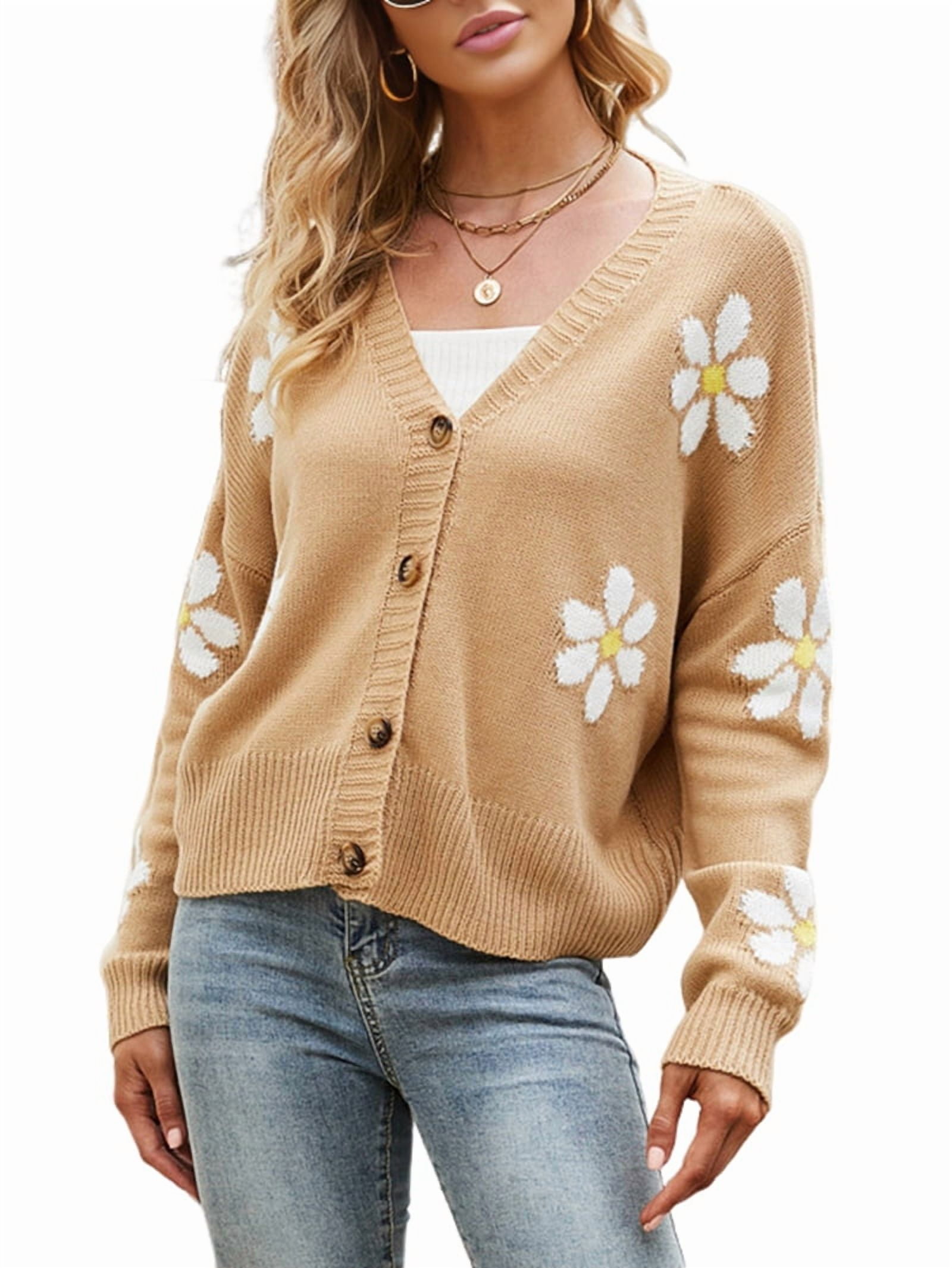 Women'S Ribbed Knit Cardigan, Pretty Daisy Button-Down Jacquard Knit ...