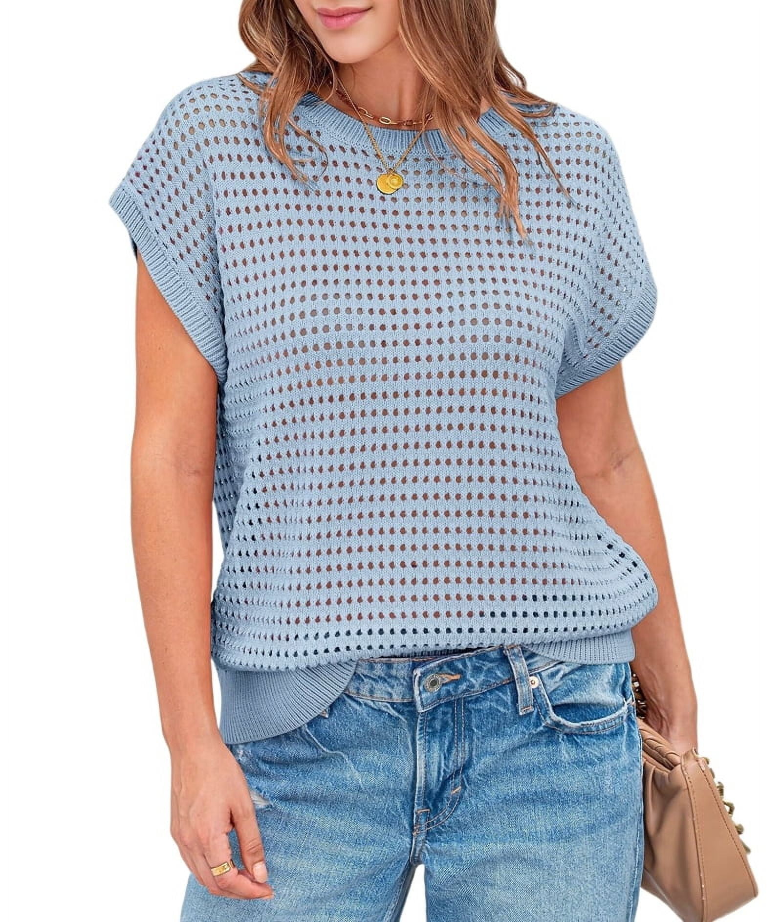 Women'S Round Neck Hollow Crochet Short Sleeve Top Light Blue L ...