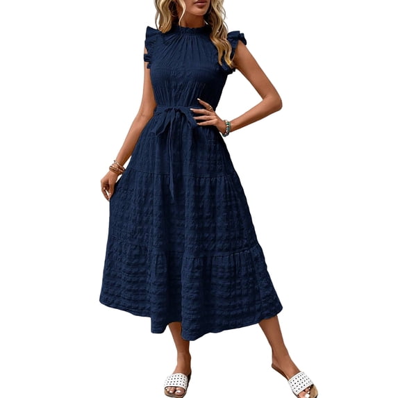 Women'S Ruffle Sleeve Stand Collar Maxi Dress A-Line Hem Ruffled Summer ...