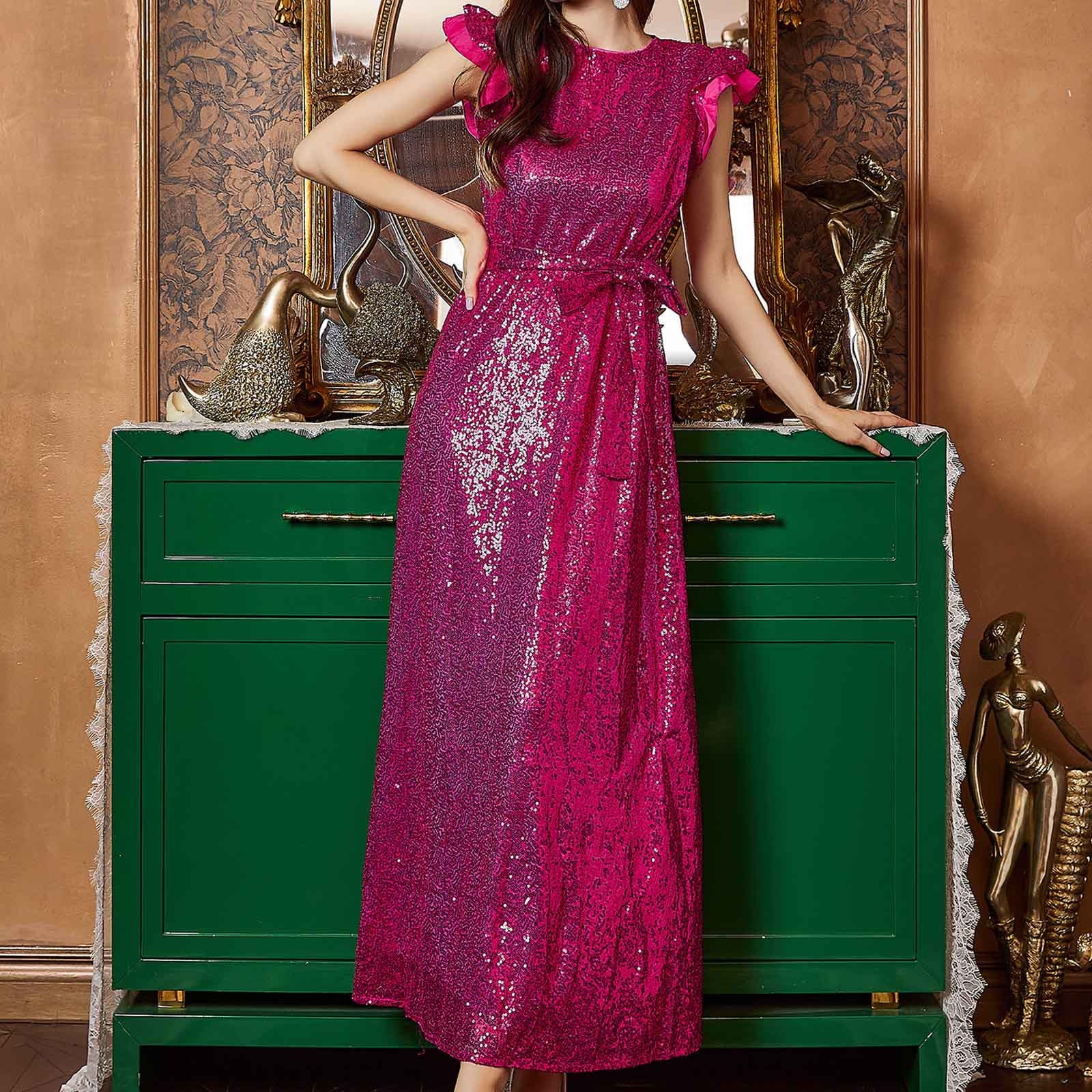 Women'S Sequin Prom Dress With Belt Long Formal Evening Party Gowns ...