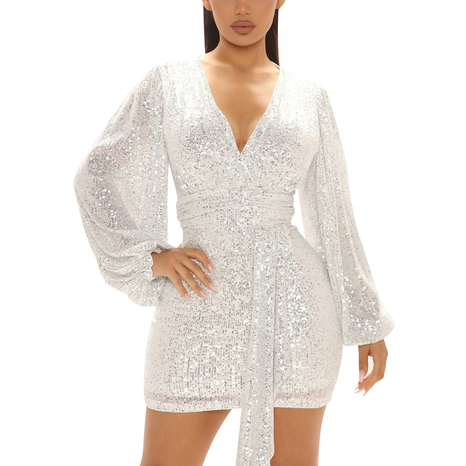 Women'S Sequins V Neck Long Sleeve Nightclub Party Sexy Dress Solid ...