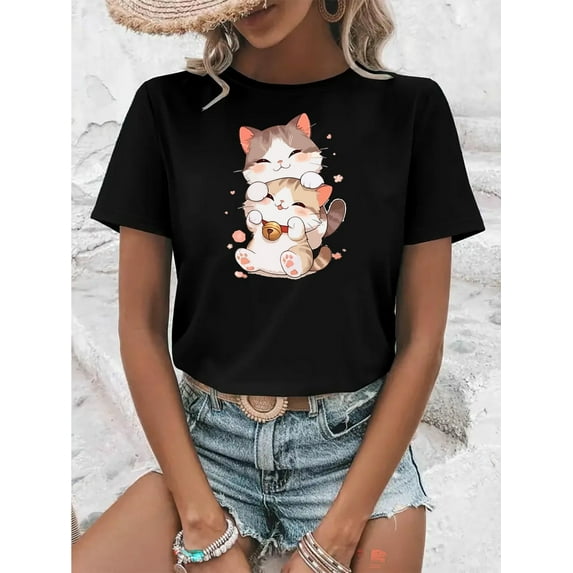 Women'S Short Sleeve T-Shirt, Cartoon Cat Print, Soft Fabric, Casual ...