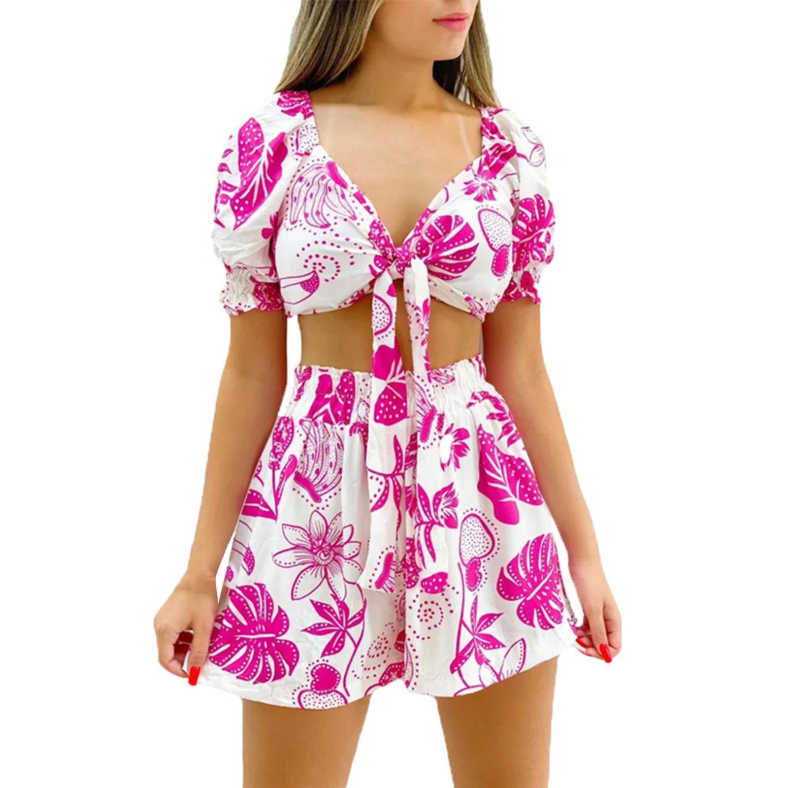 Womens Shorts Suit Summer Lace Up Short Sleeve Printed Suit Shorts V Neck Top 2 Piece Suit Fit