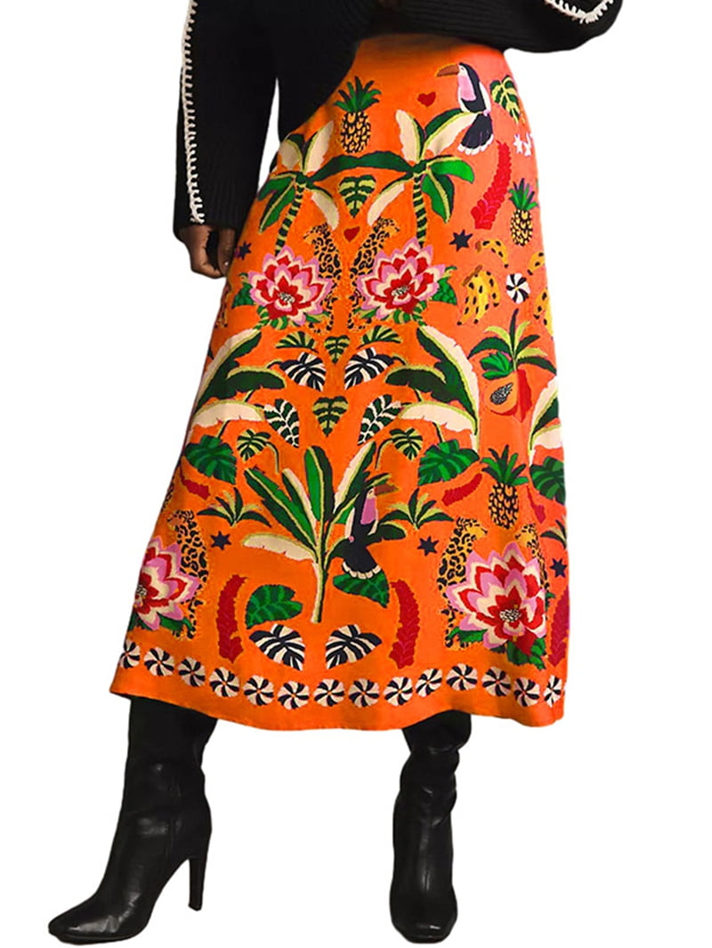 Women'S Skirt Midi Skirt Tropical Plant Print Pink Zipper A-Line Long ...