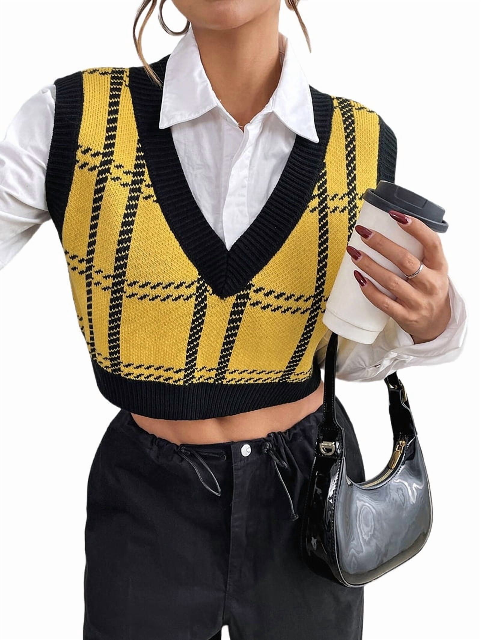 Women'S Sleeveless Knit Sweater Vest Plaid V Neck Crop Top Y2K Fashion ...