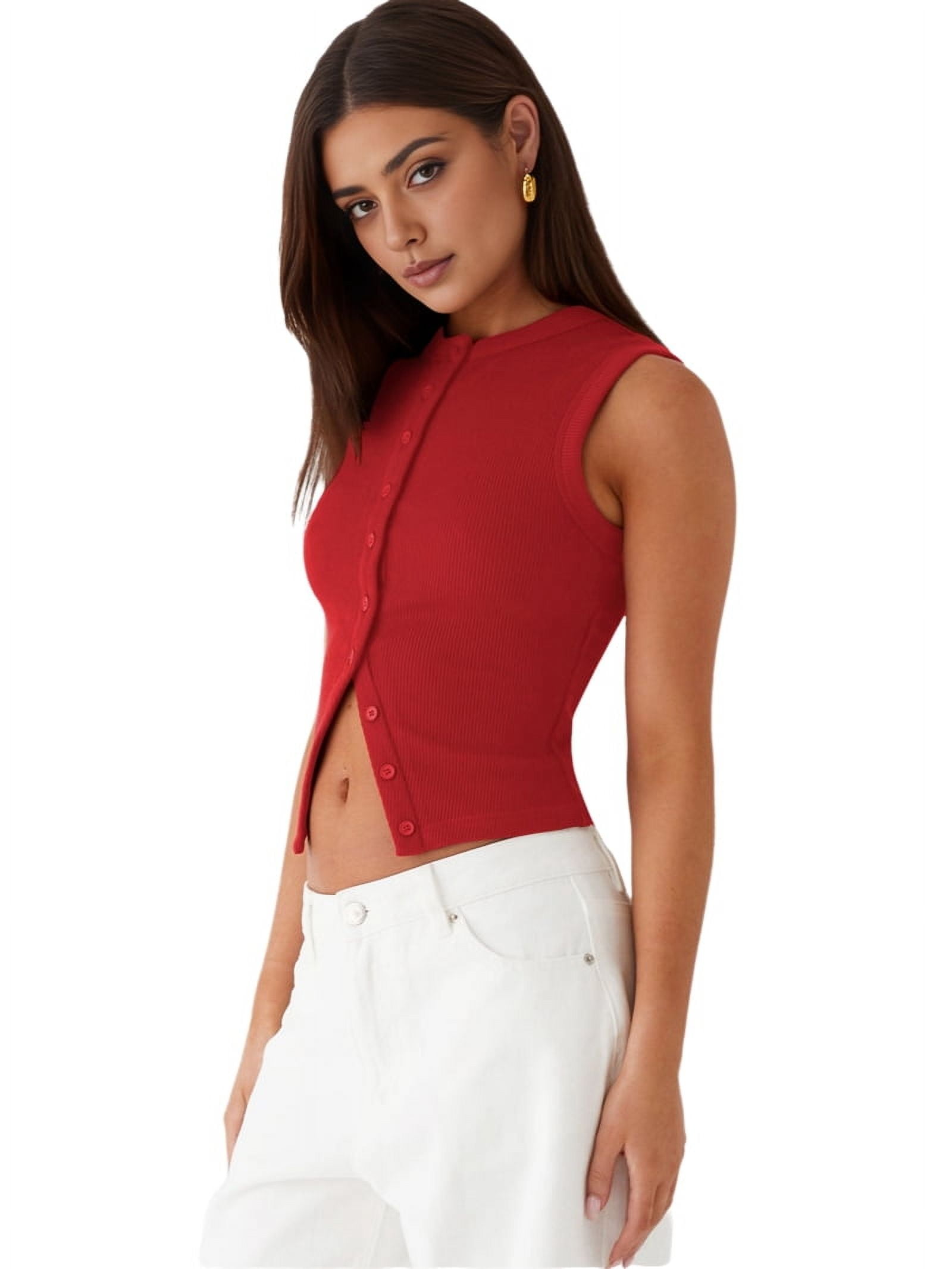 Women'S Sleeveless Round Neck Slim Fit Ribbed Button Vest red S ...