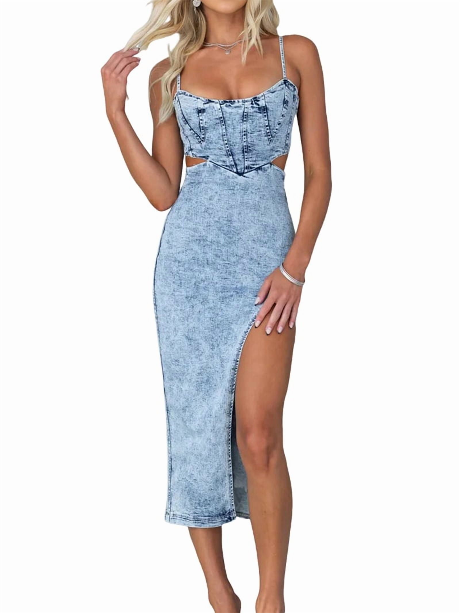 Women'S Spaghetti Straps Slit Denim Dress Cut Out Zip Back Distressed ...