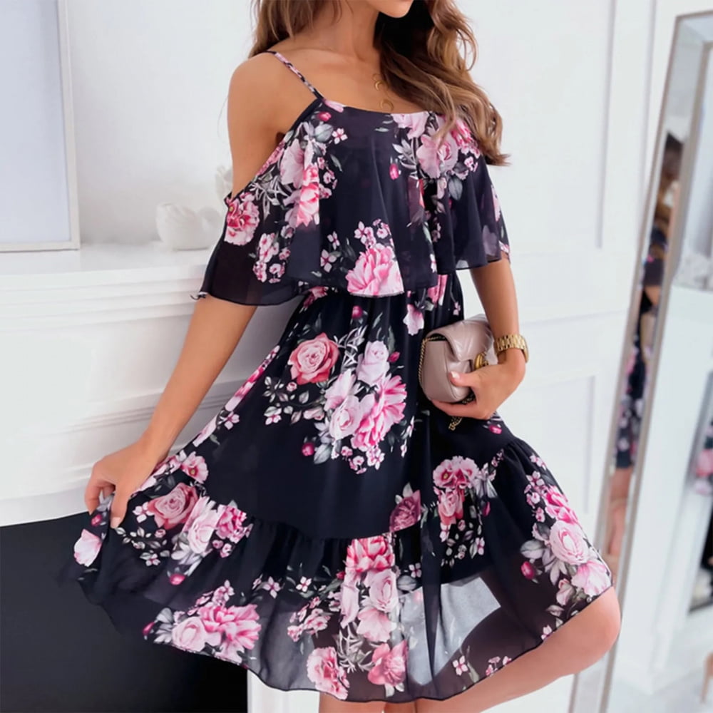 Women'S Spring/Summer New 2024 European And American Chiffon Printing Sexy Off Shoulder Strap ...