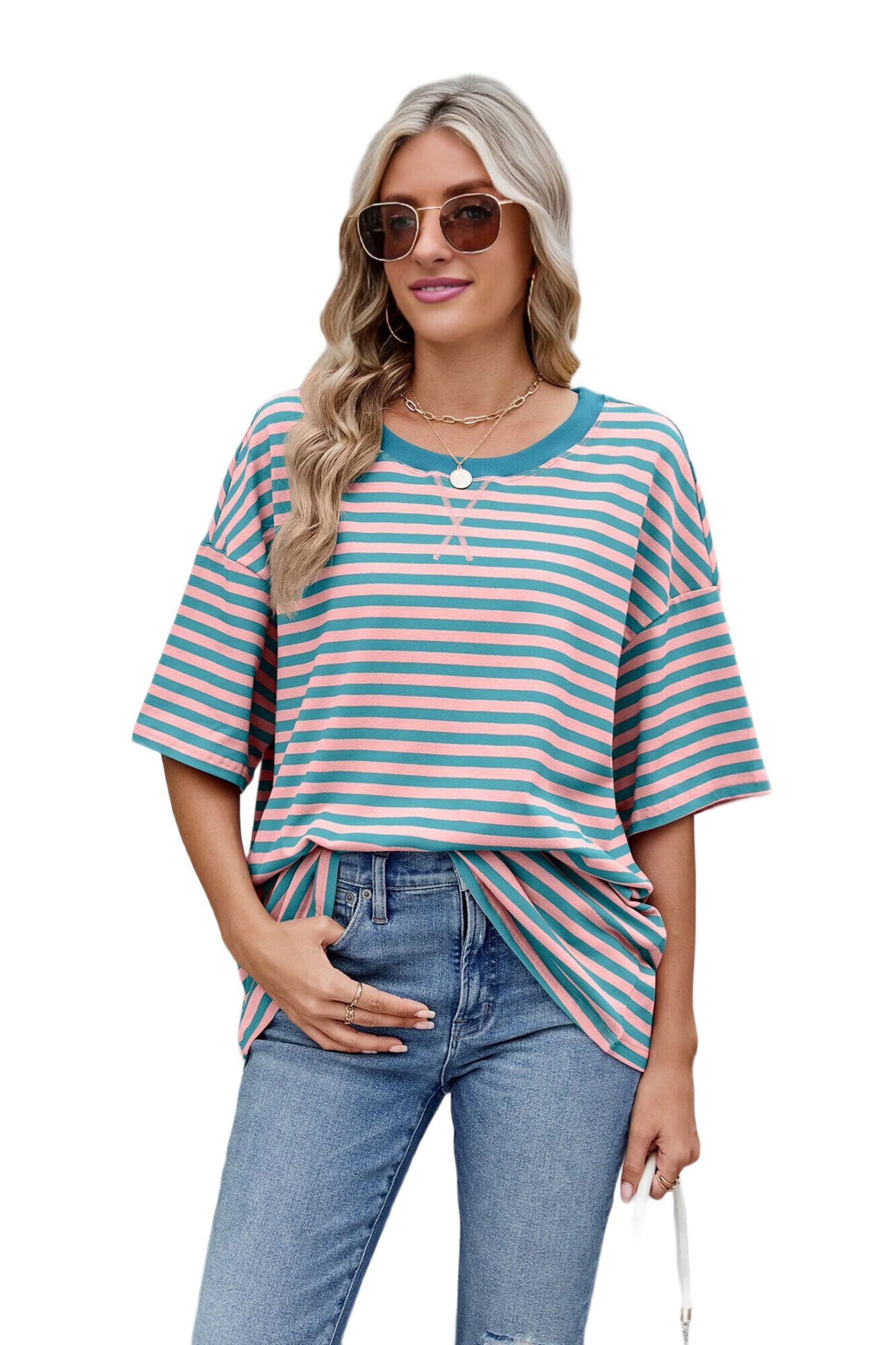 Women'S Striped Color Clash Loose Short Sleeve Top Blue and Pink XL ...