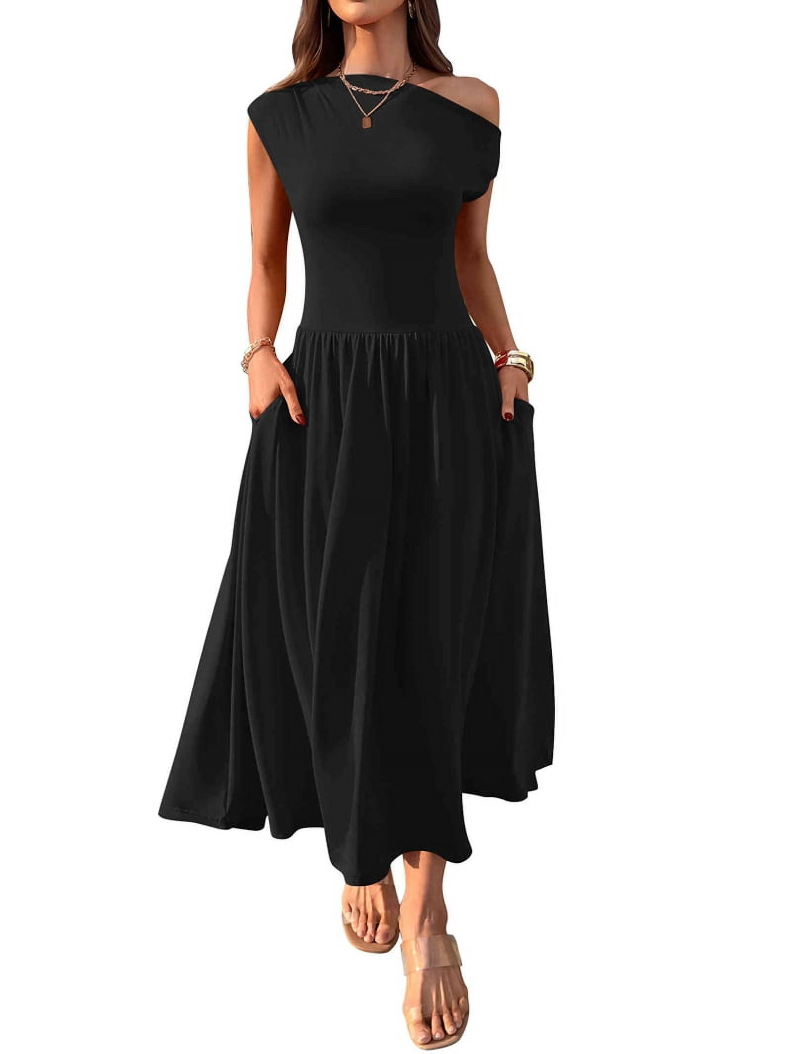 Women'S Summer 2025 Sleeveless Maxi Dress One Shoulder Casual Slim Swing Pleated Formal Dresses ...