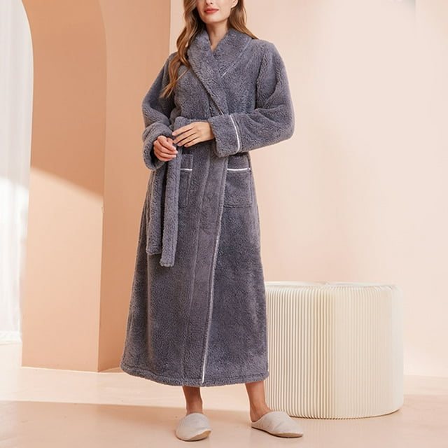 Women'S Terry Cloth Robe Cozy Shawl Collar Plush Long Bathrobe Warm ...
