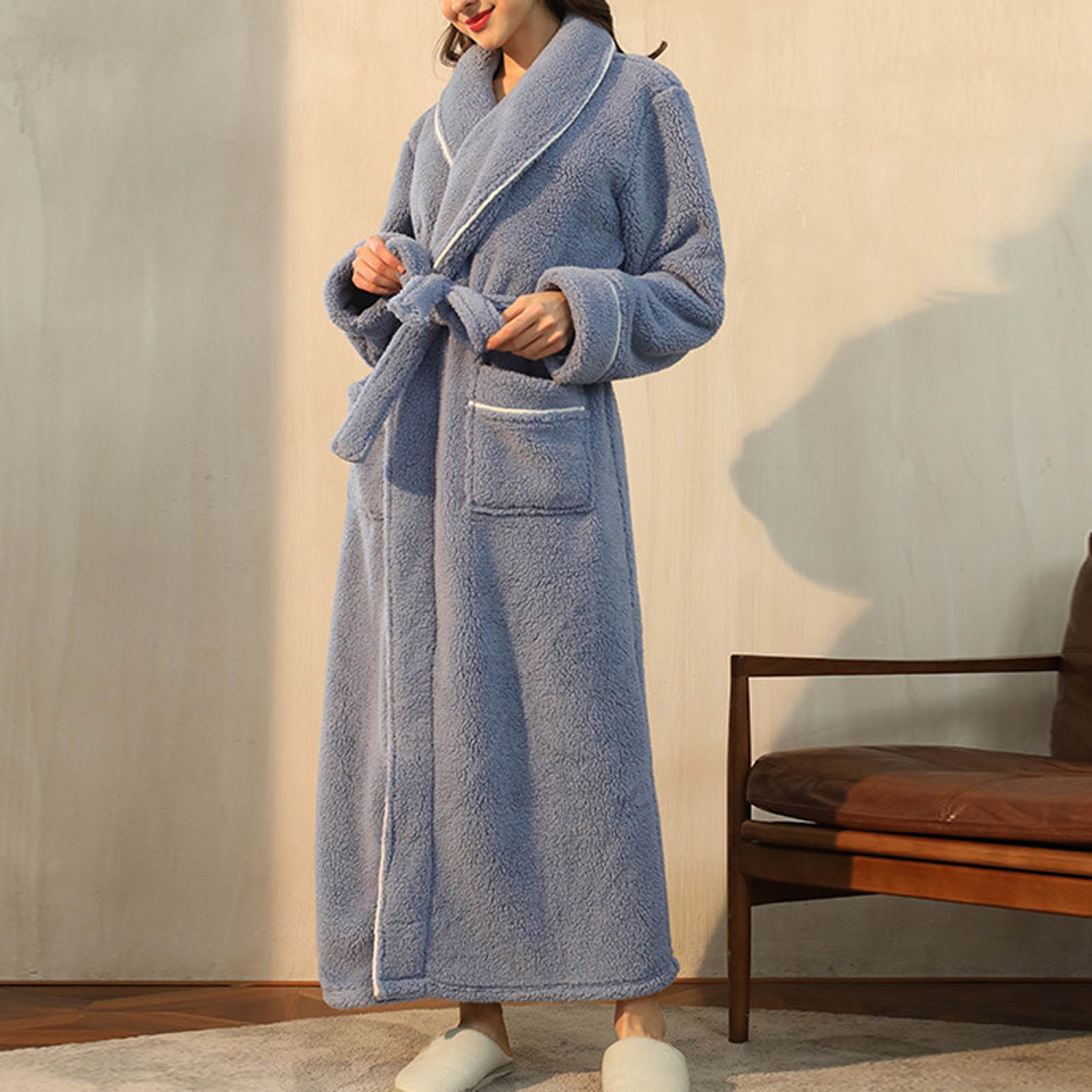 Women'S Terry Cloth Robe Cozy Shawl Collar Plush Long Bathrobe Warm ...