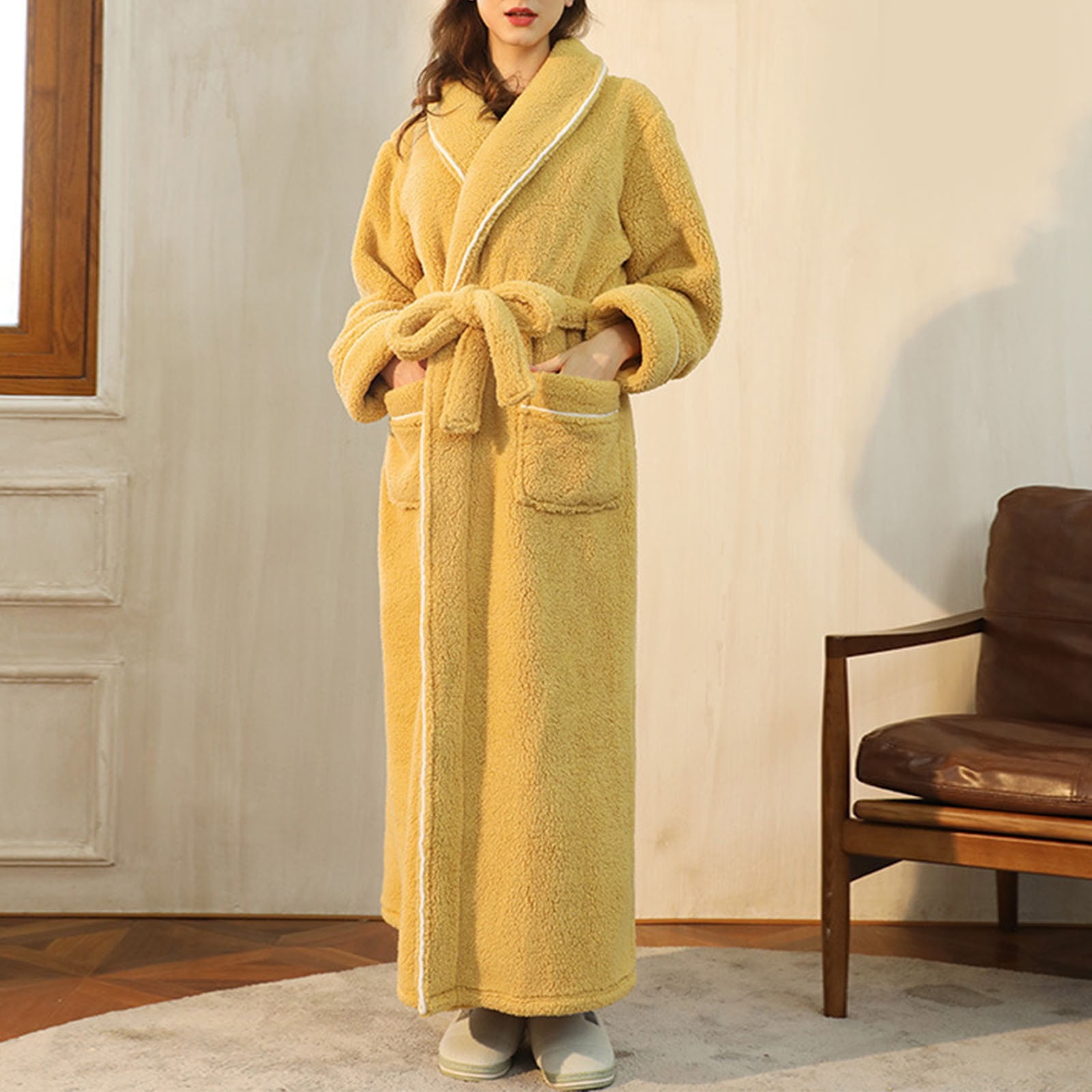 Women'S Terry Cloth Robe Cozy Shawl Collar Plush Long Bathrobe Warm ...