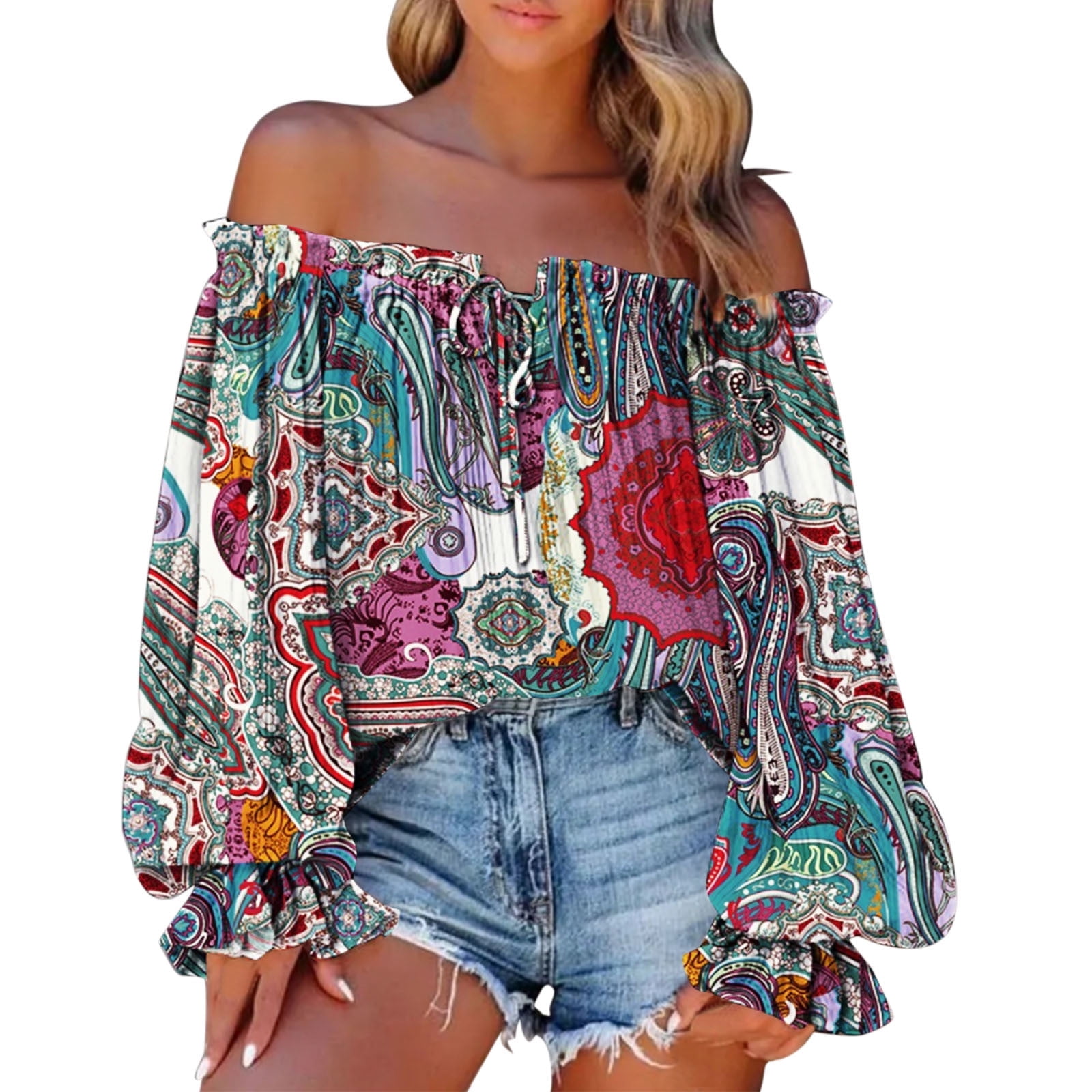 Women'S Tops Casual Retro Printing One Word Collar Off Shoulder Long ...