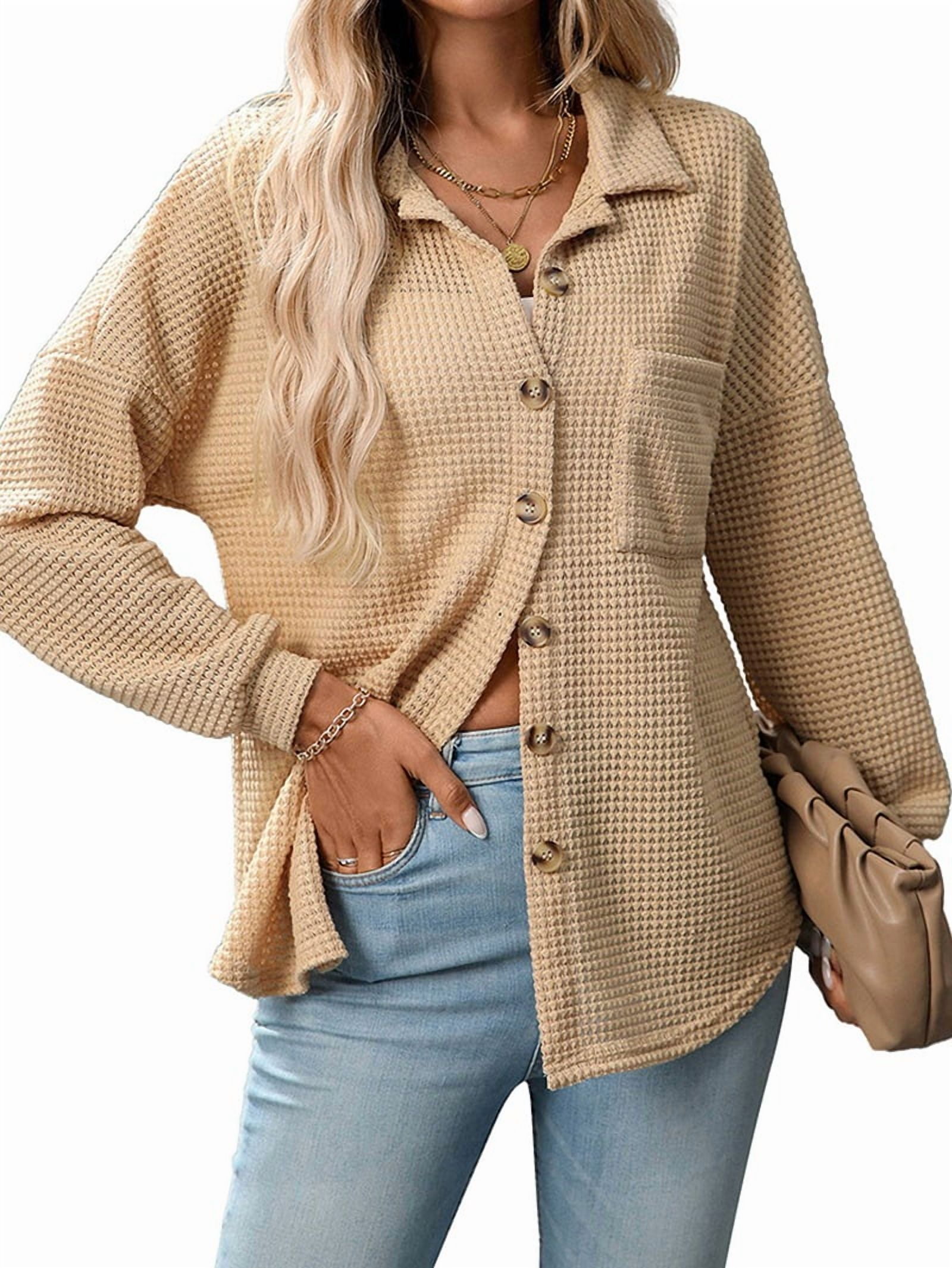 Women'S Waffle Knit Button Down Shirts Casual Long Sleeve Shacket ...