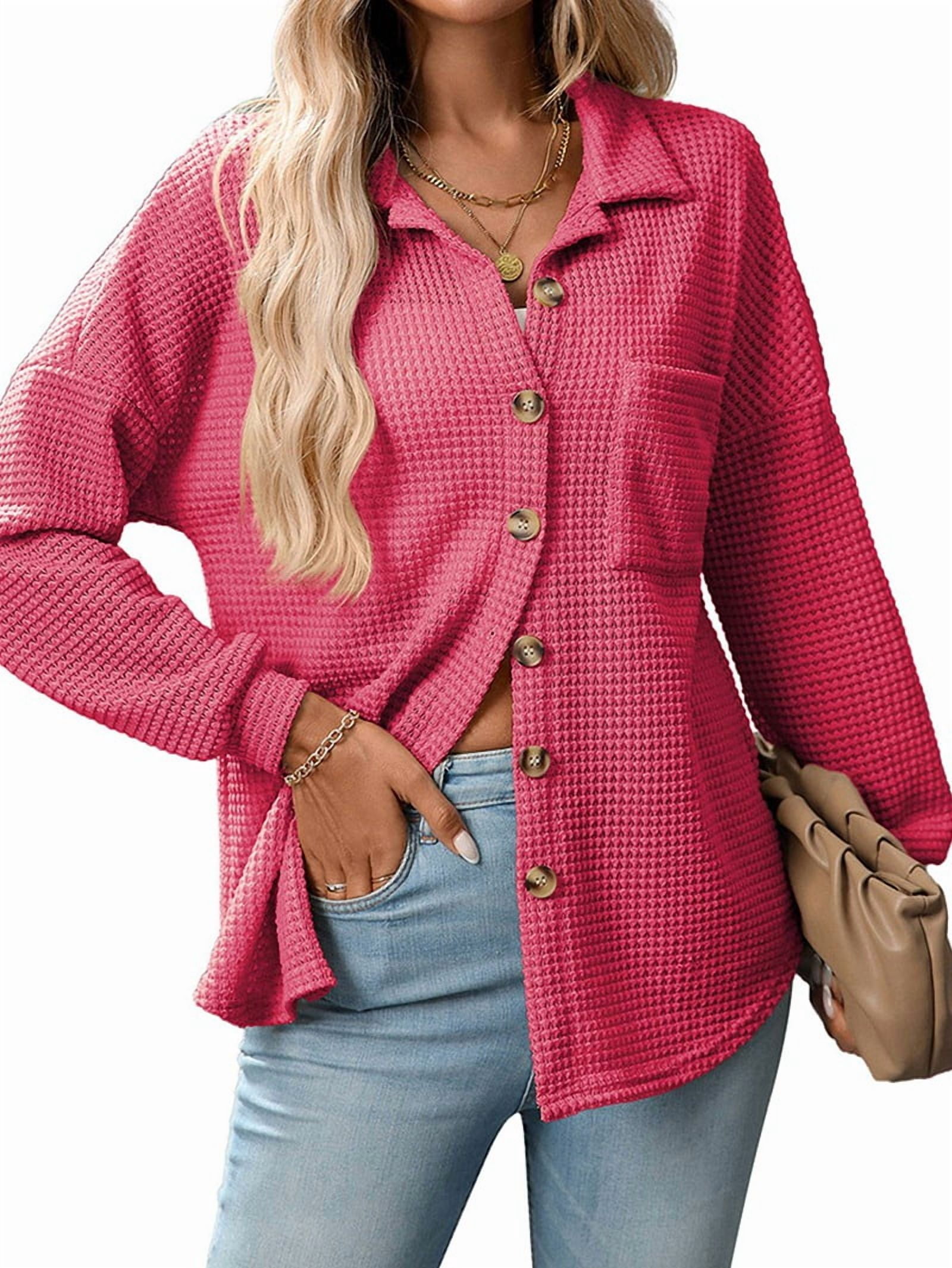 Women'S Waffle Knit Button Down Shirts Casual Long Sleeve Shacket ...