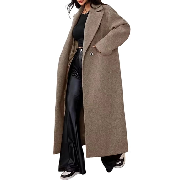 Women'S Winter Oversized Wool Coat Notched Lapel Collar Loose Fit Maxi ...