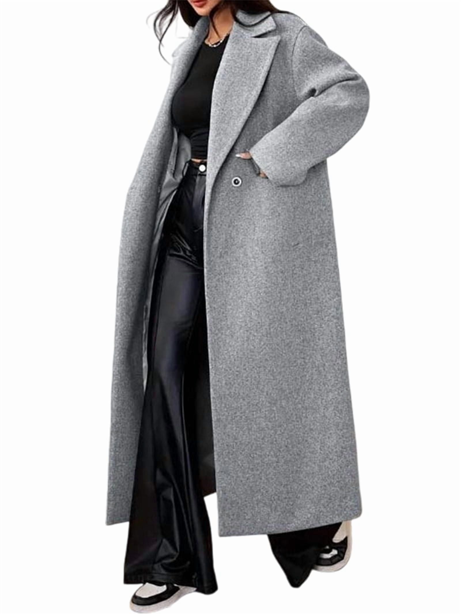 Women'S Winter Oversized Wool Coat Notched Lapel Collar Loose Fit Maxi ...