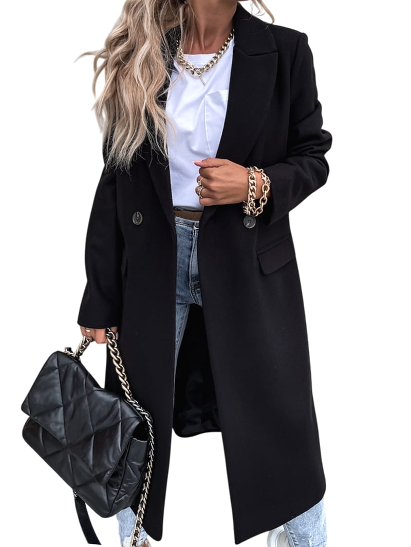 Women'S Winter Wool Coat Casual Lapel Single-Breasted Peacoat Black M ...