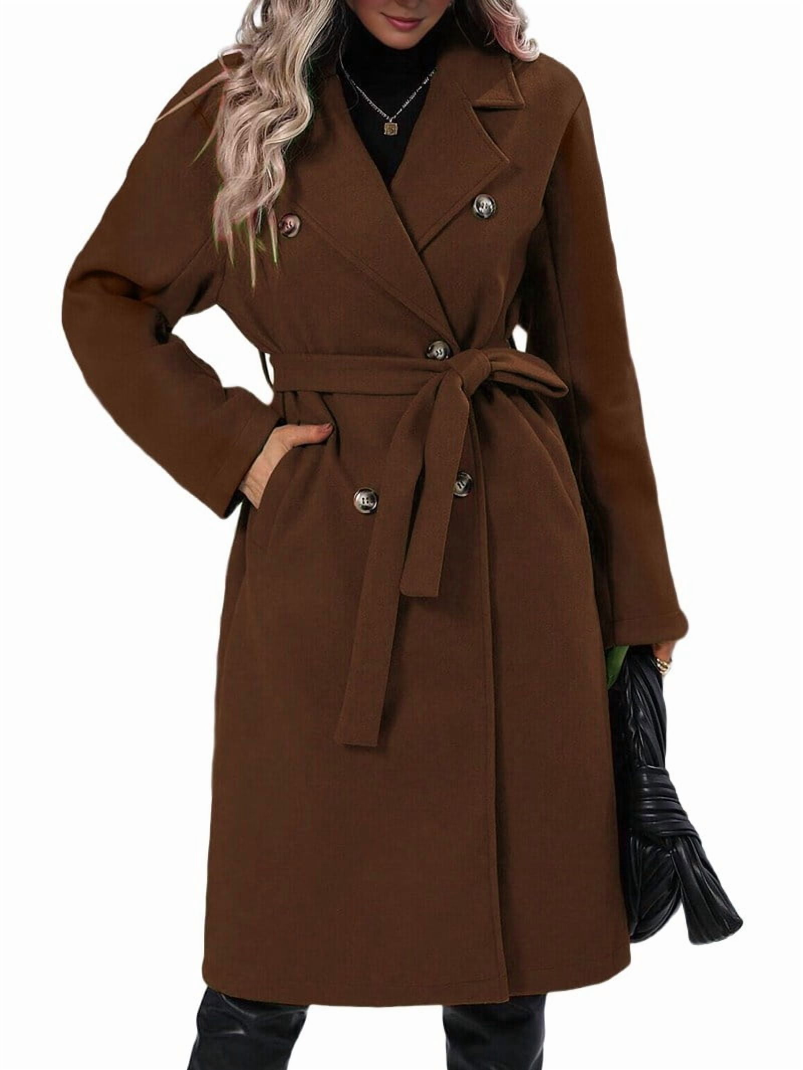 Women'S Wool Pea Coat Double Breasted Fleece Trench Coat Mid Long ...