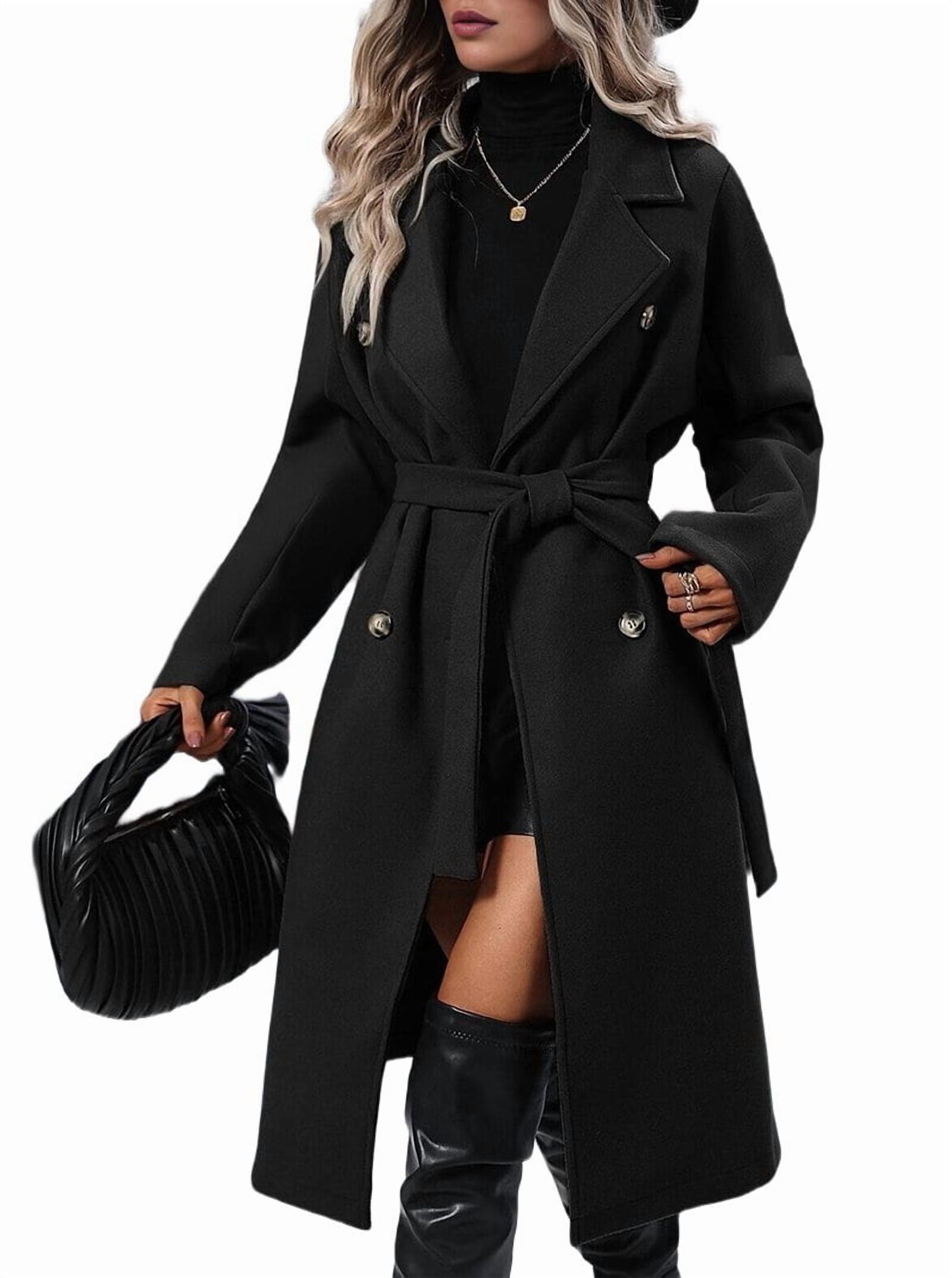 Women'S Wool Pea Coat Double Breasted Fleece Trench Coat Mid Long ...
