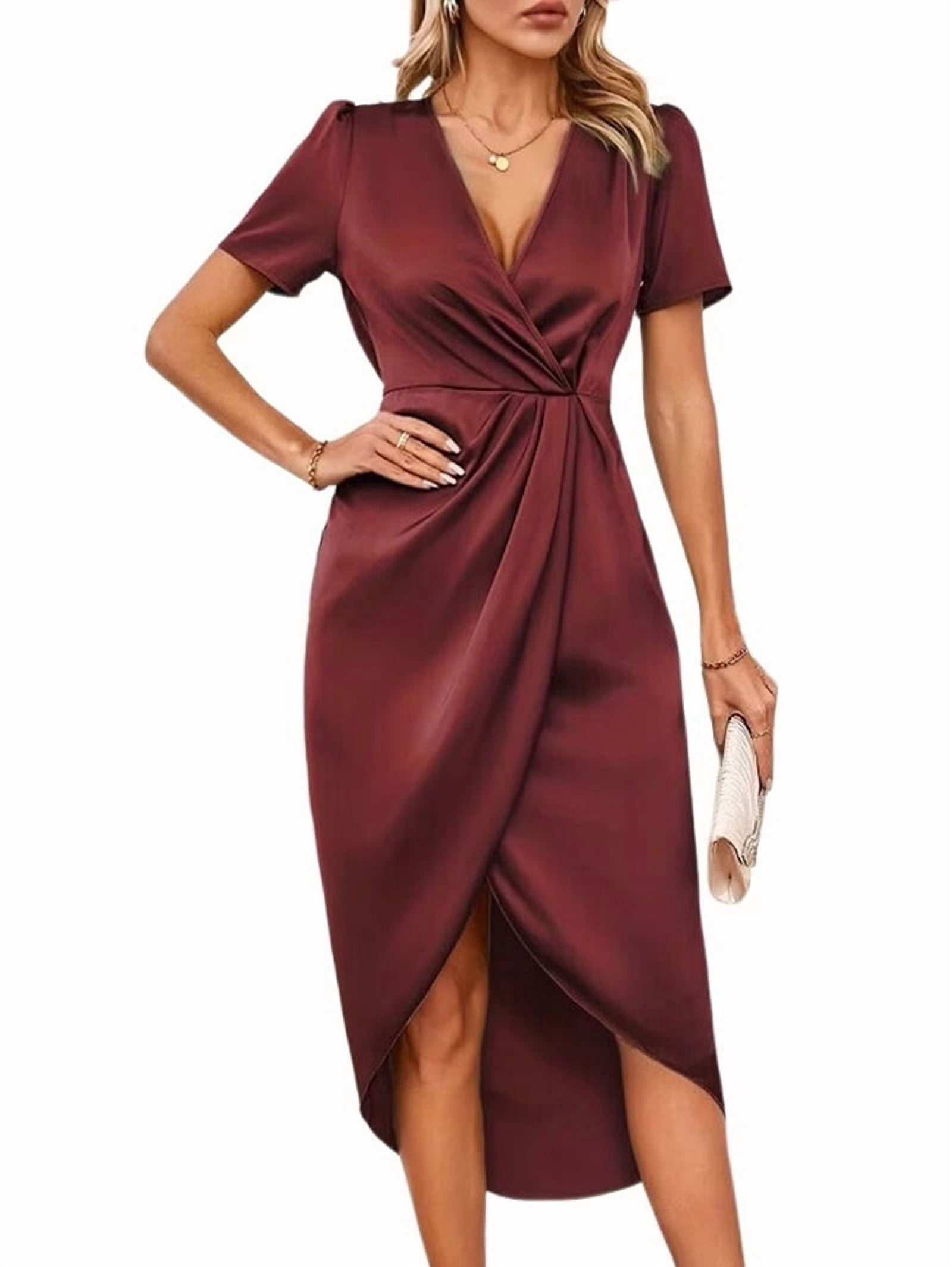 Women'S Wrap V Neck Short Sleeve Satin Midi Dress Split Hem Ruched ...
