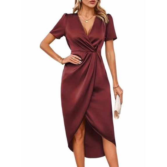 Women'S Wrap V Neck Short Sleeve Satin Midi Dress Split Hem Ruched ...