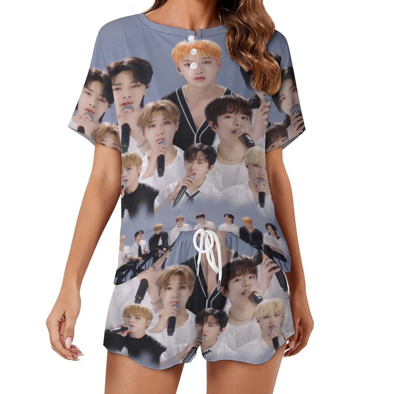 Women SKZ Stray Korea Ki-DS Pajamas Set Short Sleeve Shirt With Shorts ...