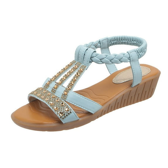 Women Sandals Rhinestone Elastic Strap Flat Platform Sandals Bohemian ...