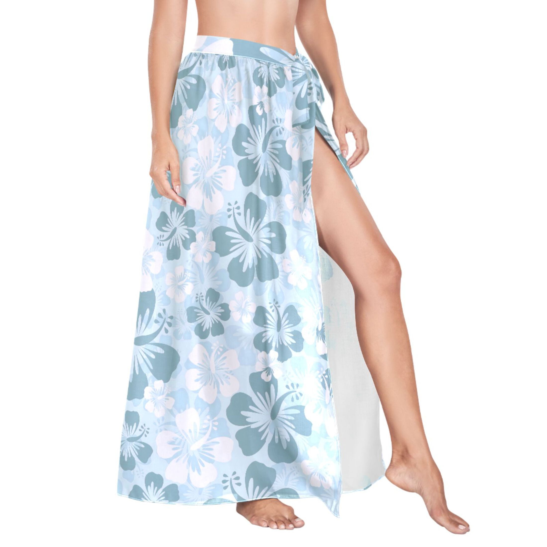 Women Sarong Wraps Hibiscus with Blue and White Swimsuit Beach Pareo ...