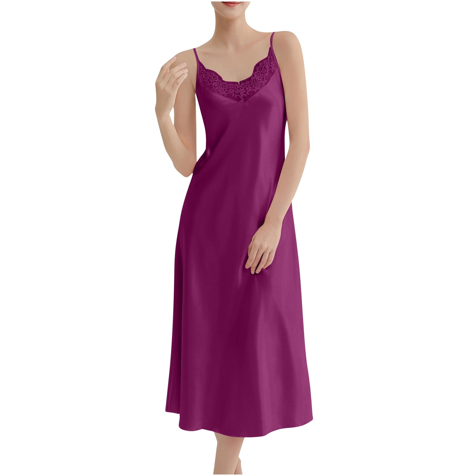 Women Satin Long Nightgownn Lace Adjustable Straps Satin Nightgown Sexy ...