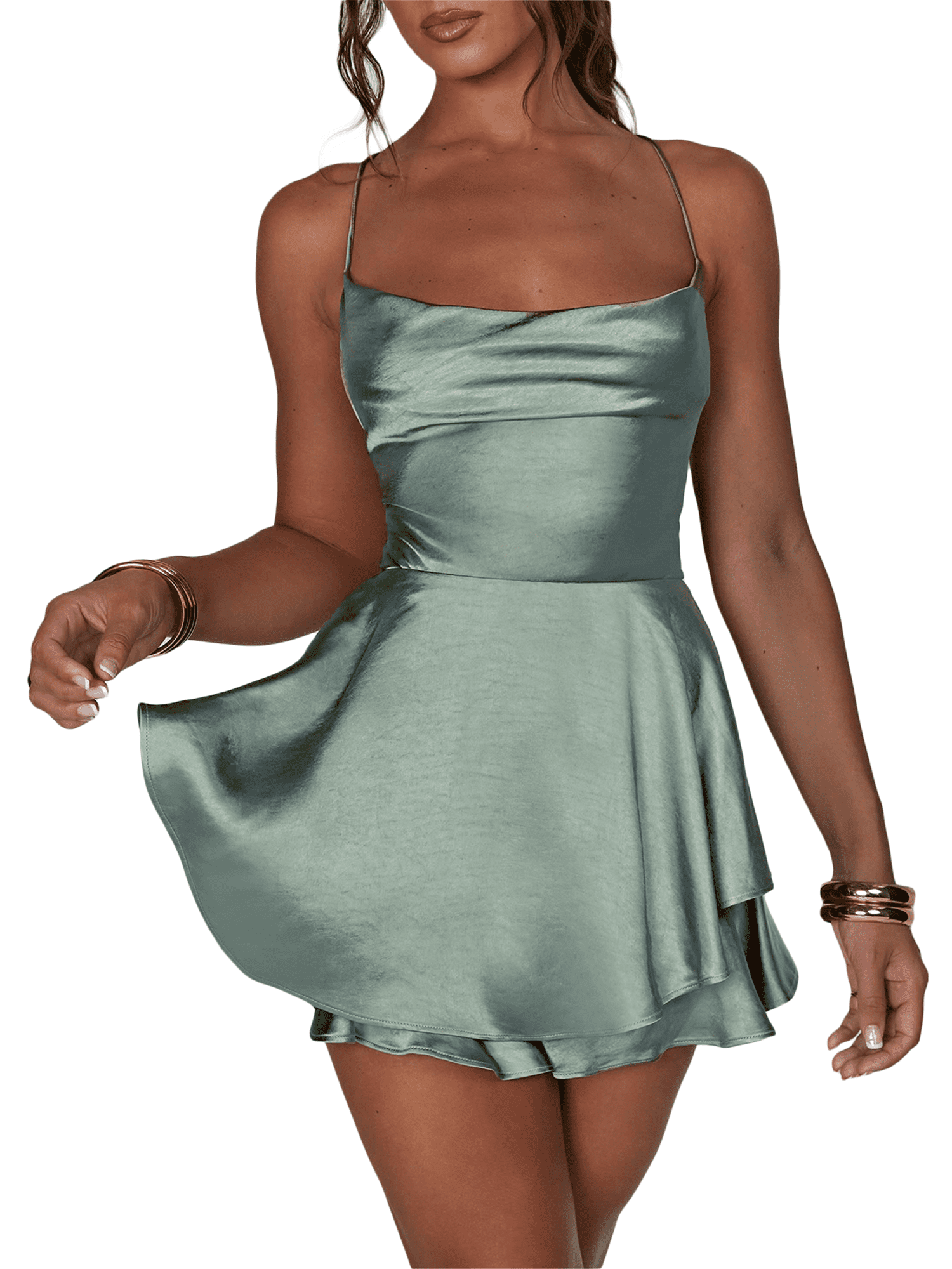 Women Satin Mini Dress Sleeveless Spaghetti Strap Cross Tie Up Backless ...