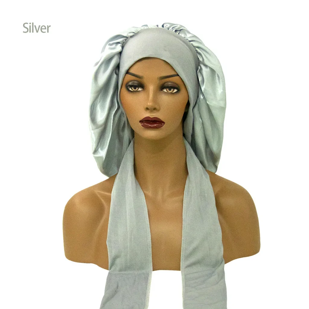 Women Satin Widened Sleep Hat Night Sleep Cap with Long Streamer Hair ...