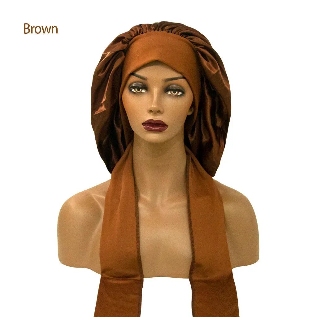 Women Satin Widened Sleep Hat Night Sleep Cap with Long Streamer Hair ...
