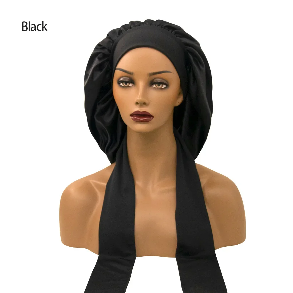Women Satin Widened Sleep Hat Night Sleep with Long Streamer Hair Care ...
