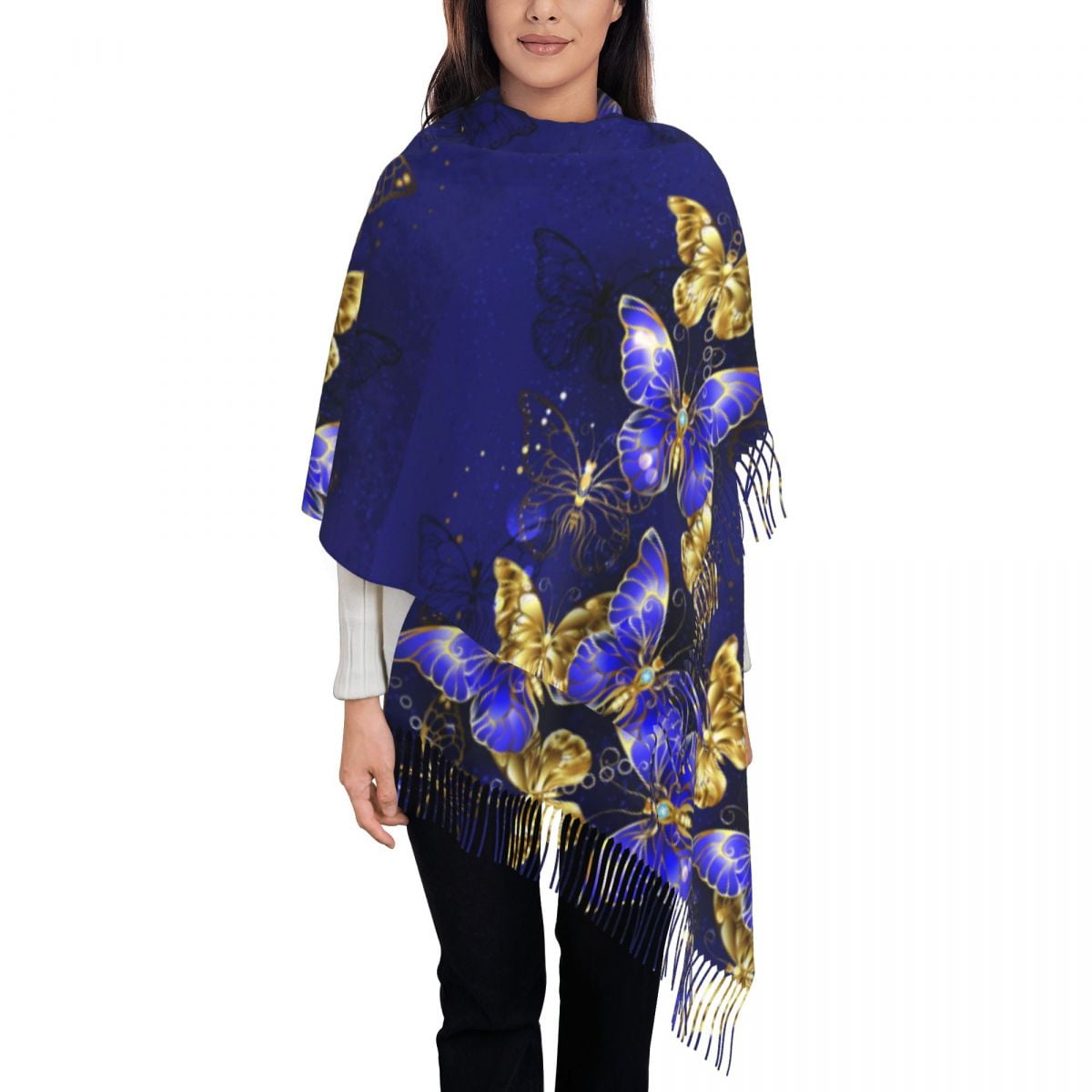 Women Scarf Warm Soft Colorful Butterfly Head Scarves with Tassel Flowers Print Retro Shawl ...