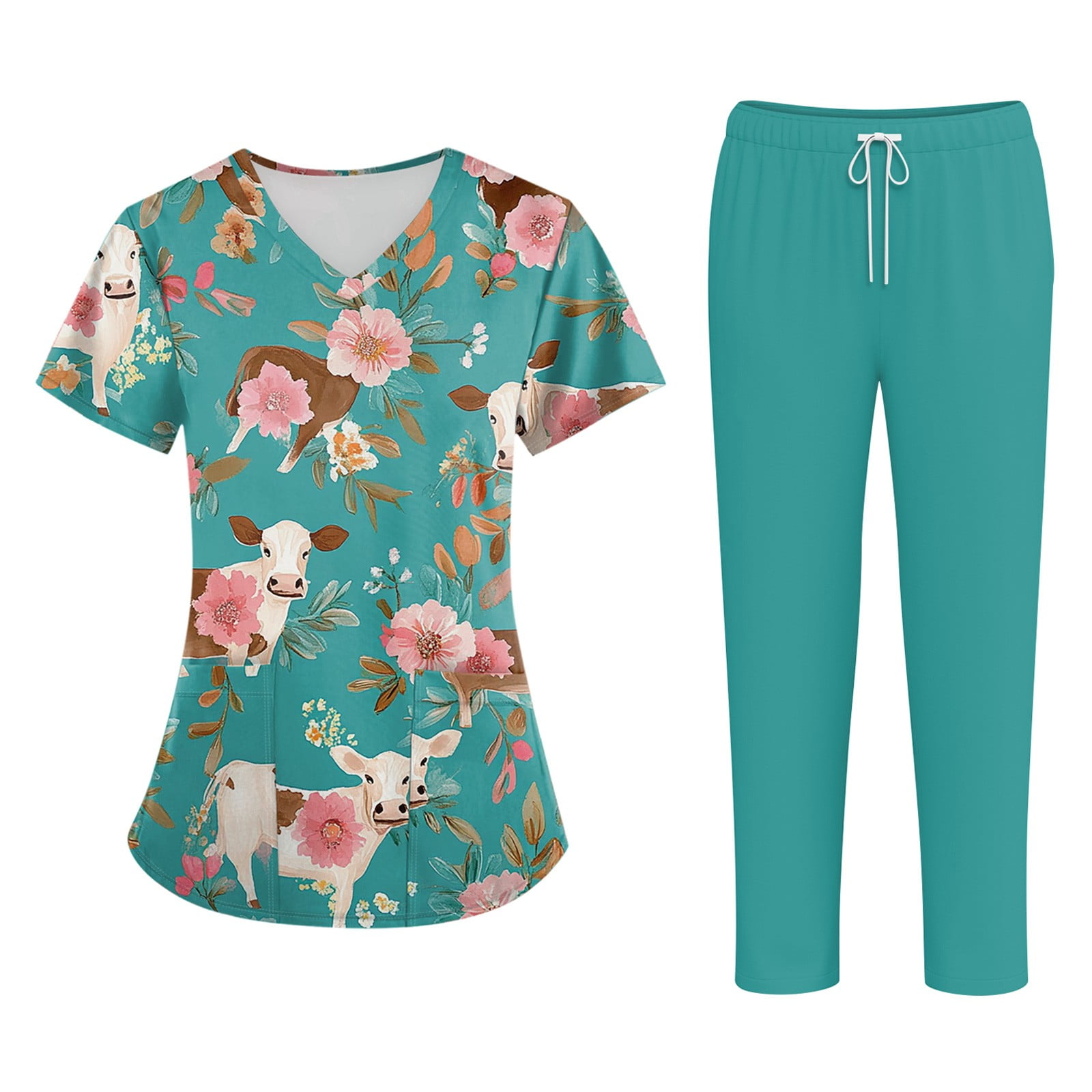 Women Scrub Sets,Scrub Sets For Woman Short Sleeve Animal Flower ...