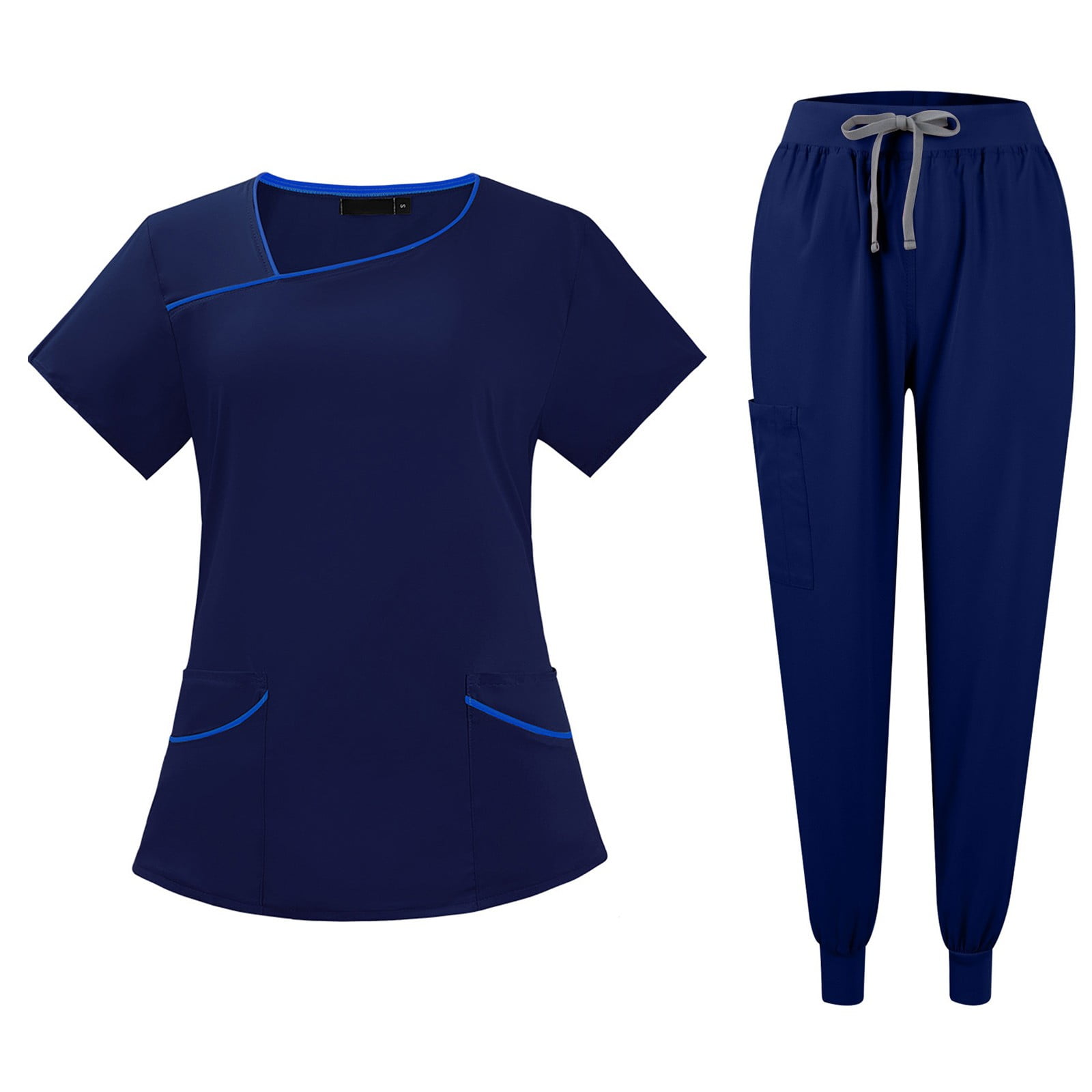 Women Scrubs Setst Solid Color V-Neck Short Sleeve Long Pants Nurse ...
