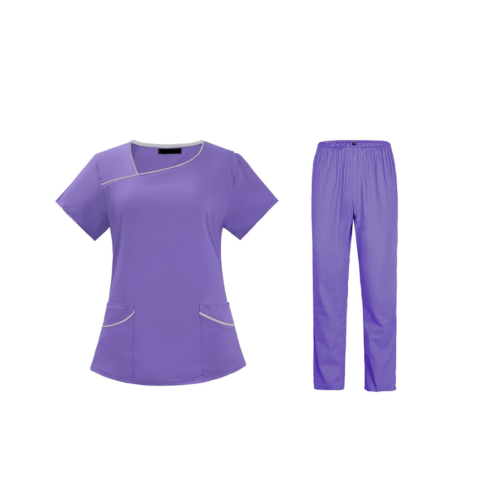 Women Scrubs Setst Solid Color V-Neck Short Sleeve Long Pants Nurse ...