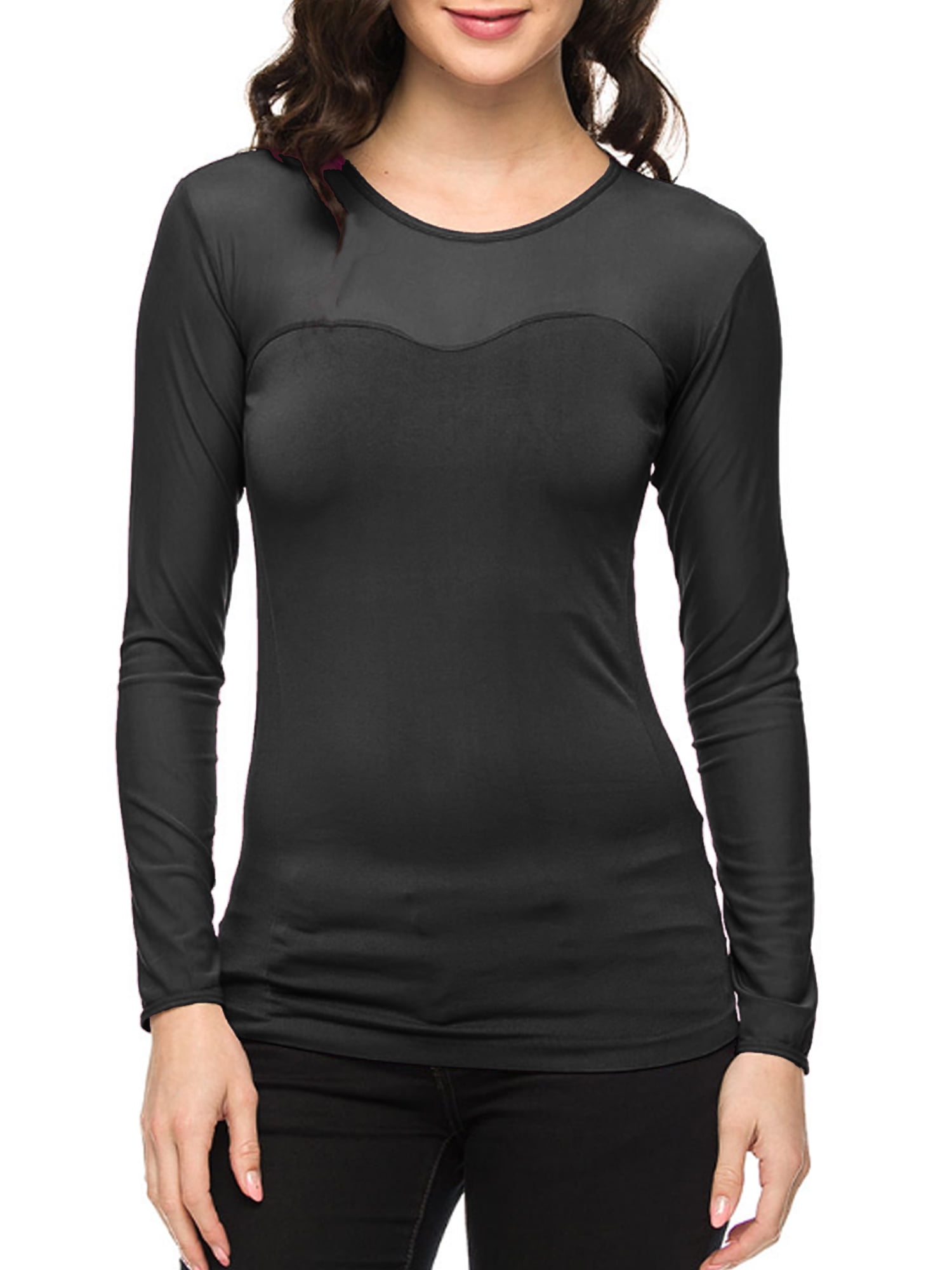 Women Seamless Sheer Long Sleeve Mesh Top Sweetheart Neckline Blouse ...