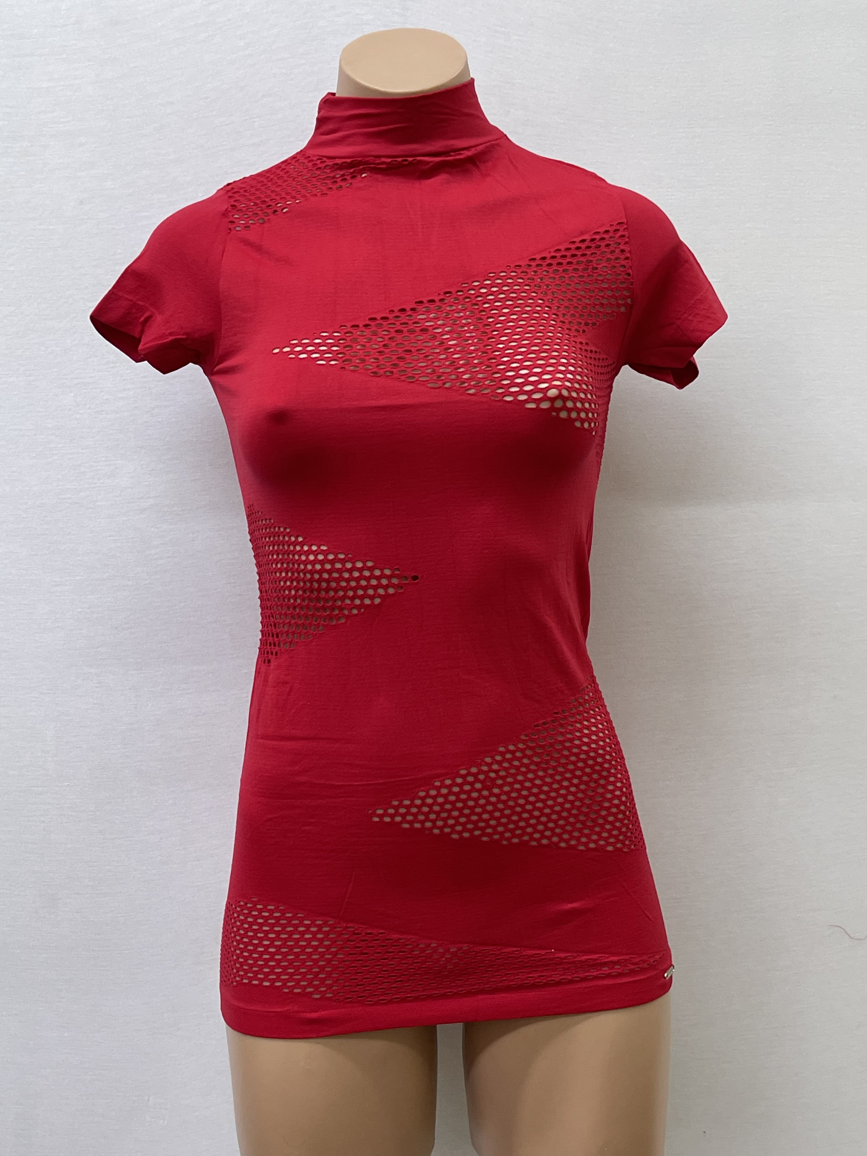 Women Seamless Short Sleeve Mock Neck Mesh Design Texture Material ...