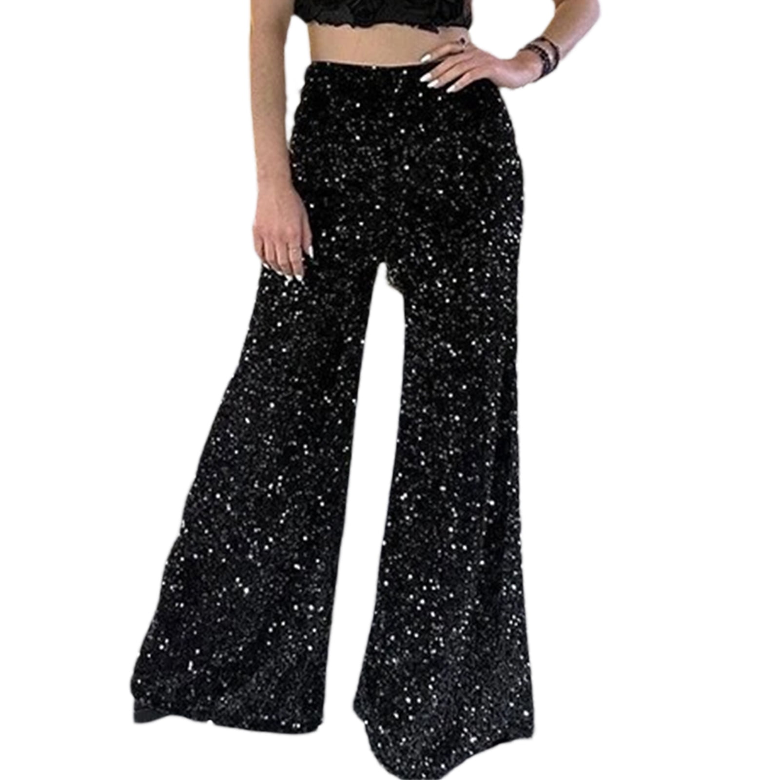Women Sequin Bell Bottom Pants Y2K Sexy Glitter Sparkle High Waist Wide ...