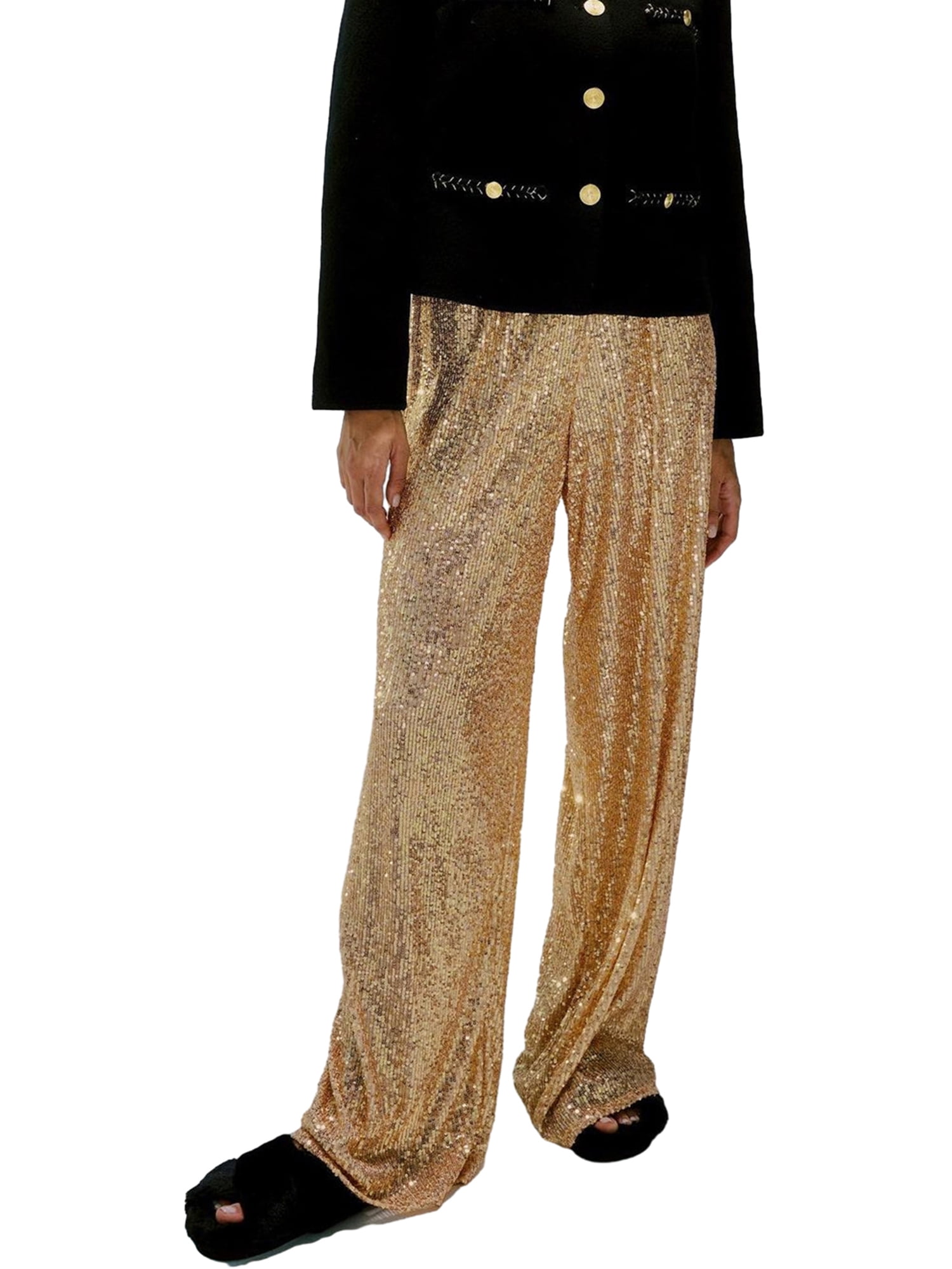 Women Sequin Bell Bottom Wide Leg Pants Glitter Sparkle High Waist