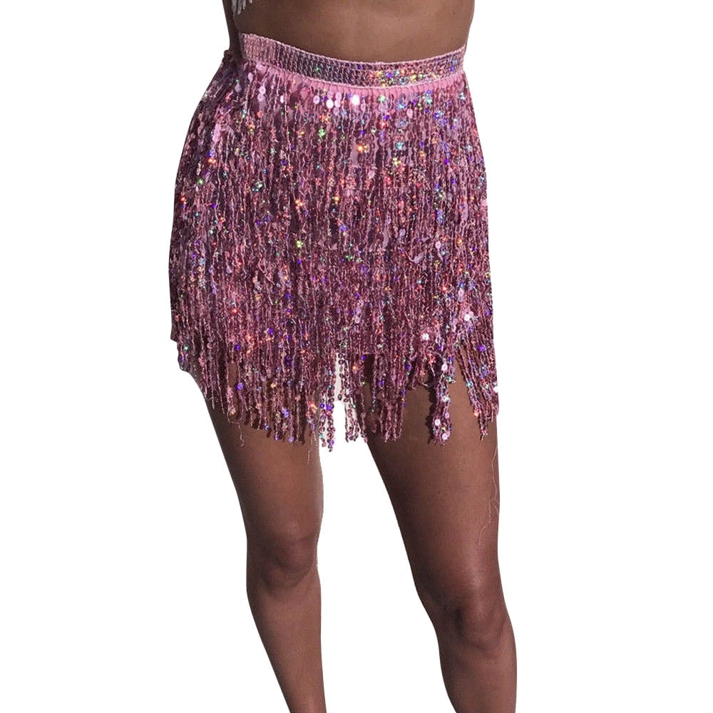 Women Sequin Belly Dancer Tassel Wrap Skirt Club Mini Skirt Belly ...