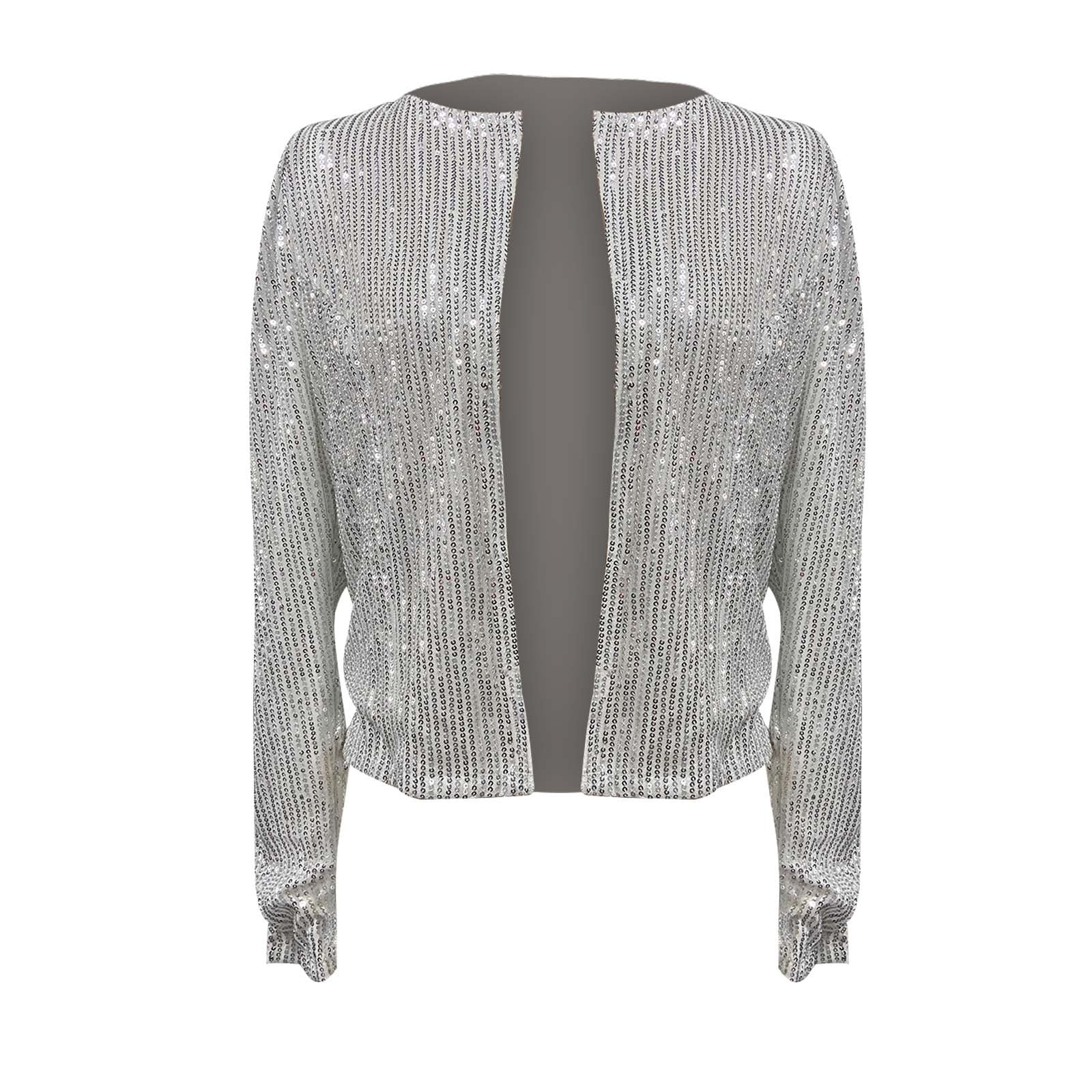 Women Sequin Blazer Open Front Jacket Party Christmas Puff Sleeve ...