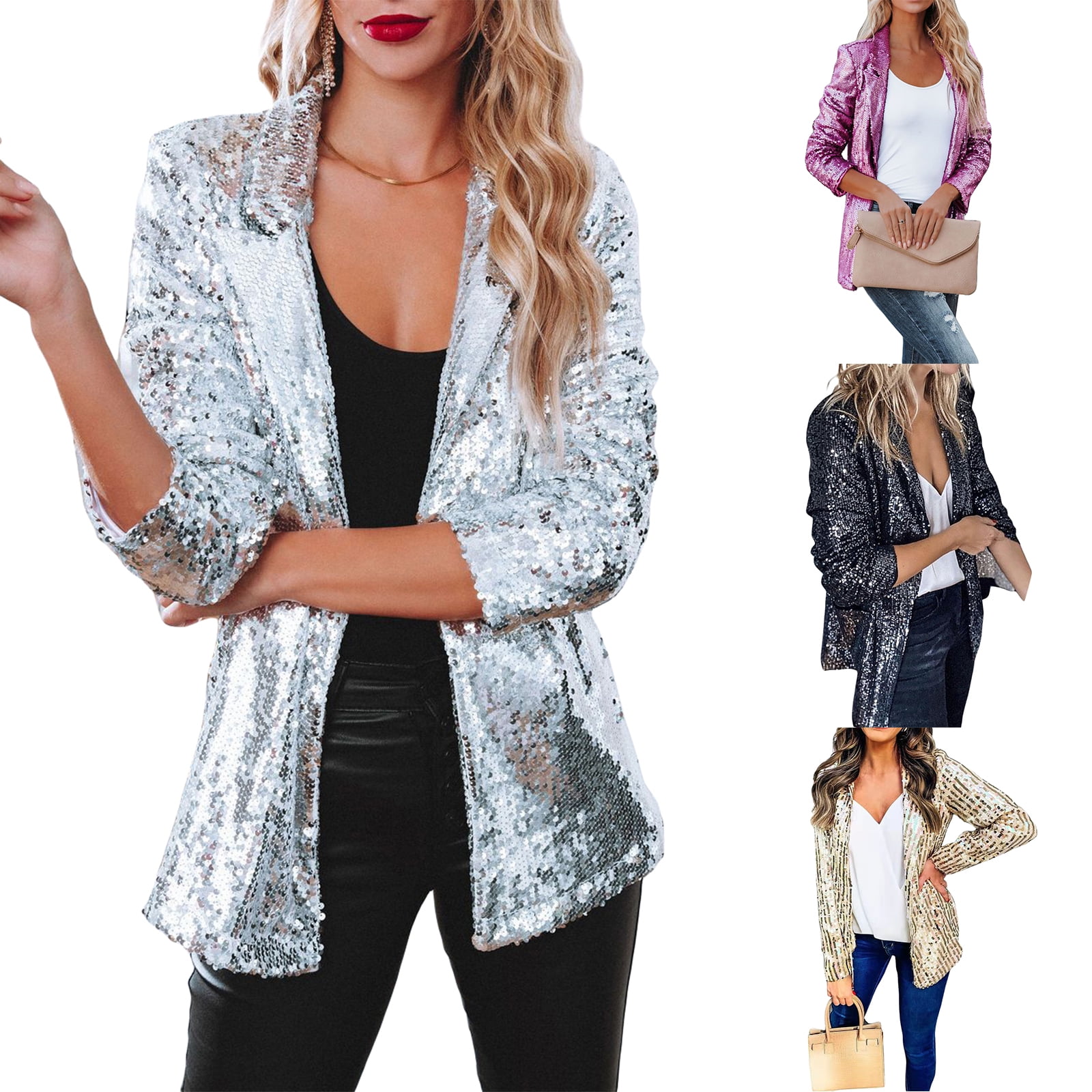 Women Sequin Jacket Open Front Blazer Sparkle Long Sleeve Cardigan Coat ...