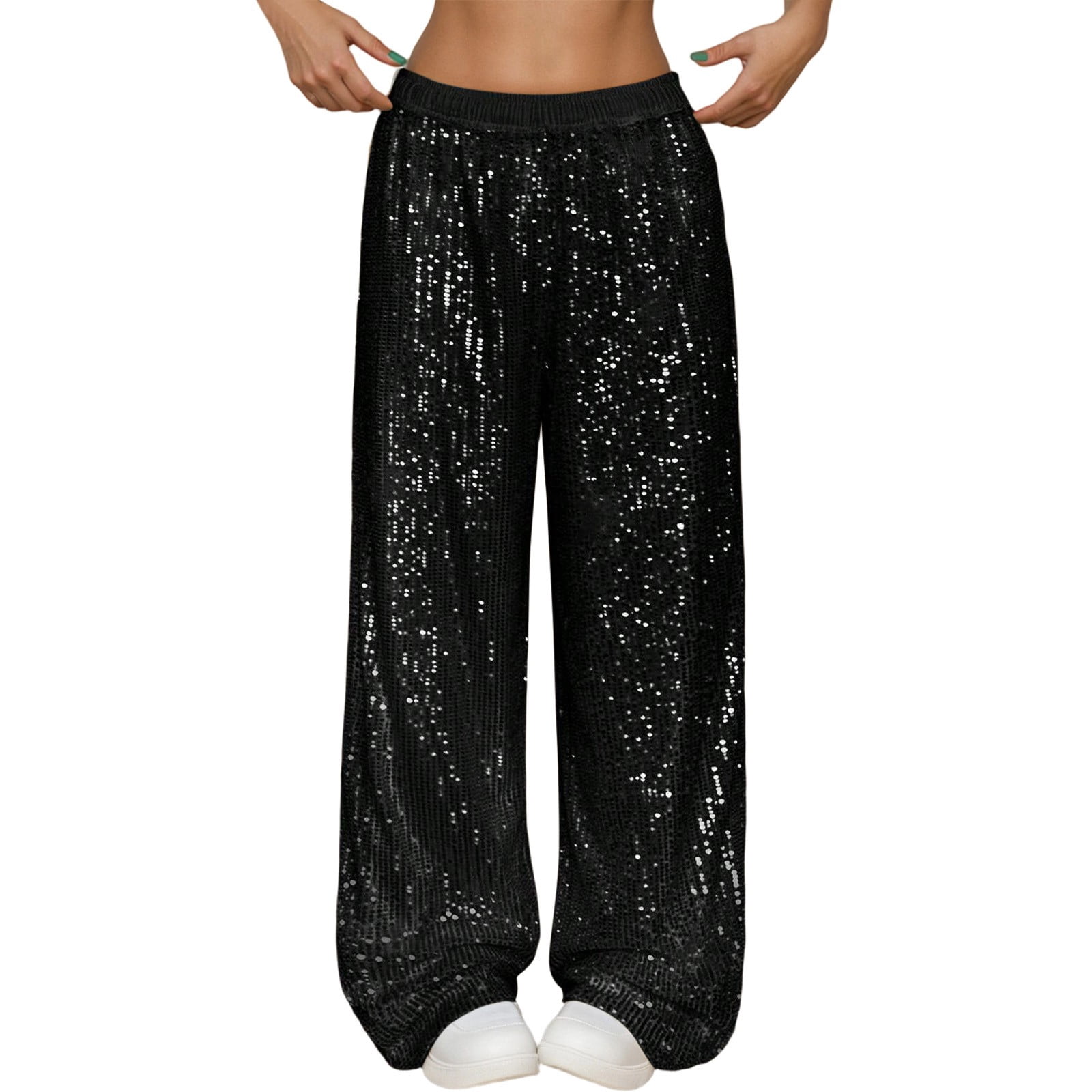 Women Sequin Pants Black Sparkly Pants High Waisted Wide Leg Womens ...