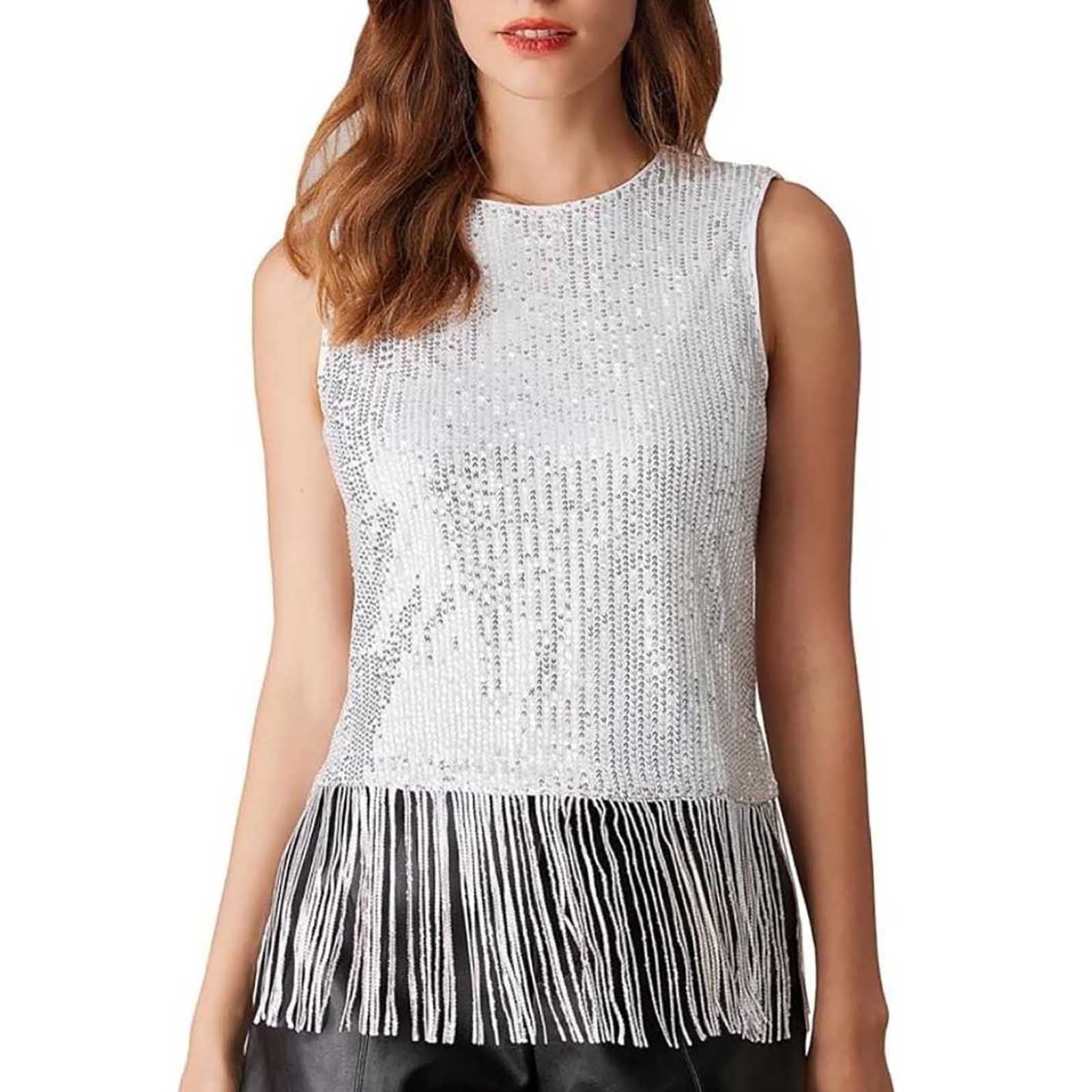 Women Sequin Spaghtti Fringe Top Sparkly Party Tank Top Tassel Trim ...