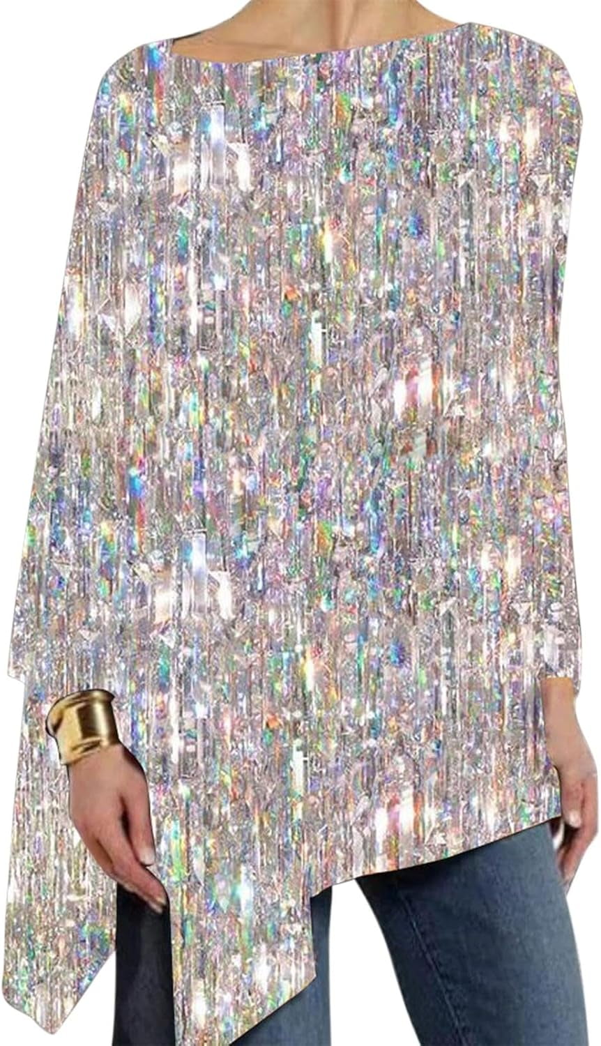 Women Sequin Tops Plus Size Shimmer Striped Print Sparkly Blouses Long