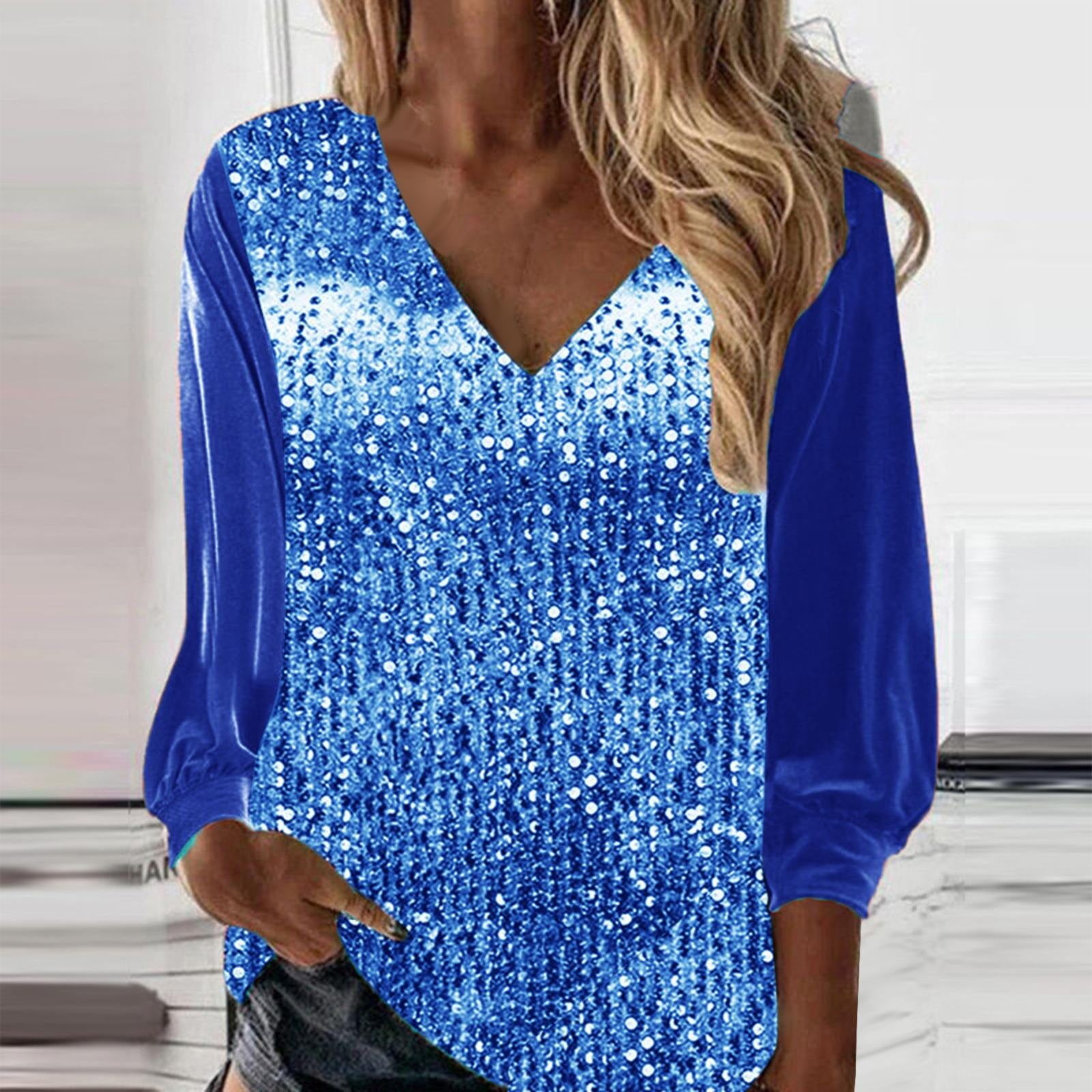 Women Sequin Tops Sparkle Long Sleeve Blouses Shimmer Glitter Party ...